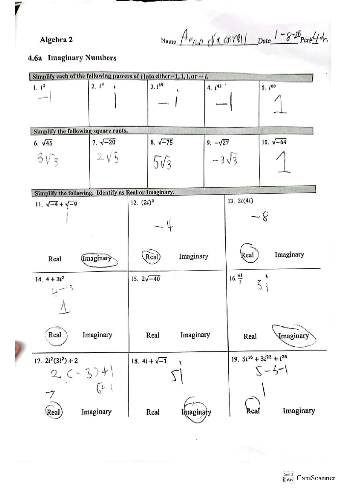 Math 26 - Algebra 2 Assignment: Imaginary Numbers Simplification - Studocu