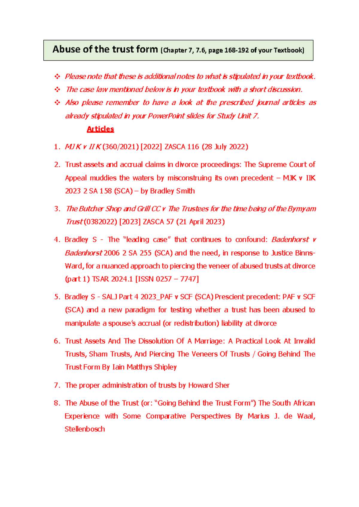 Abuse of Trust Forms & Piercing the Veil - Study Unit 7 Notes - Studocu