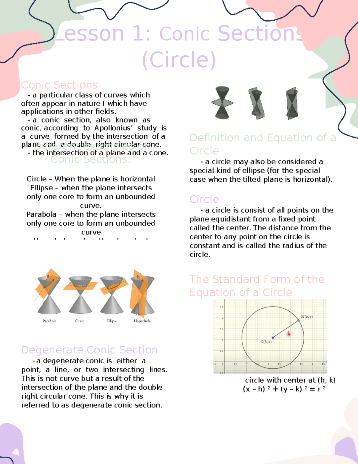 Lesson 1 - Conic Sections - Lesson 1: Conic Sections (Circle) Conic ...
