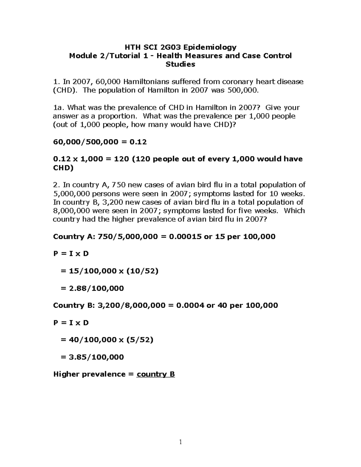 HTH SCI 2G03 Epidemiology - Tutorial 1 Health Measures Solutions - Studocu