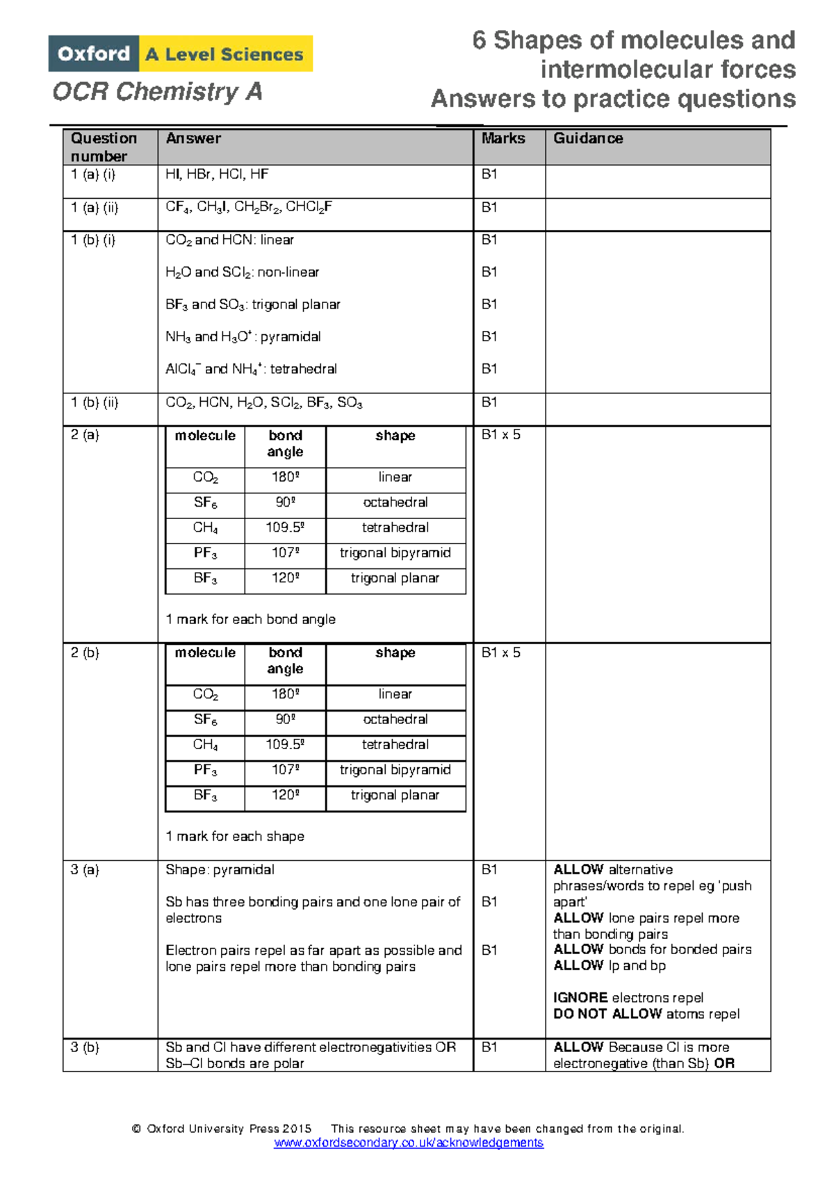 OCR A AS Chemistry 6 Practice Questions: Intermolecular Forces Answers ...
