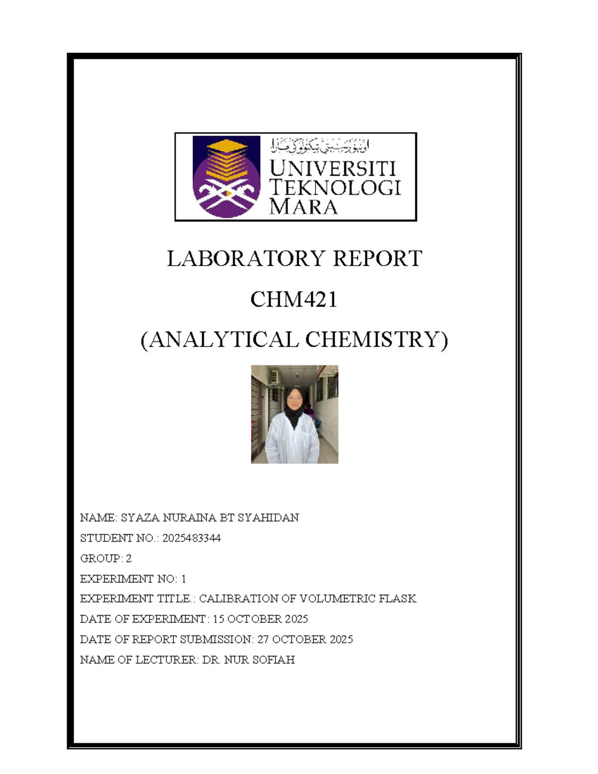 Lab Report CHM421: Calibration of Volumetric Flask Experiment - Studocu