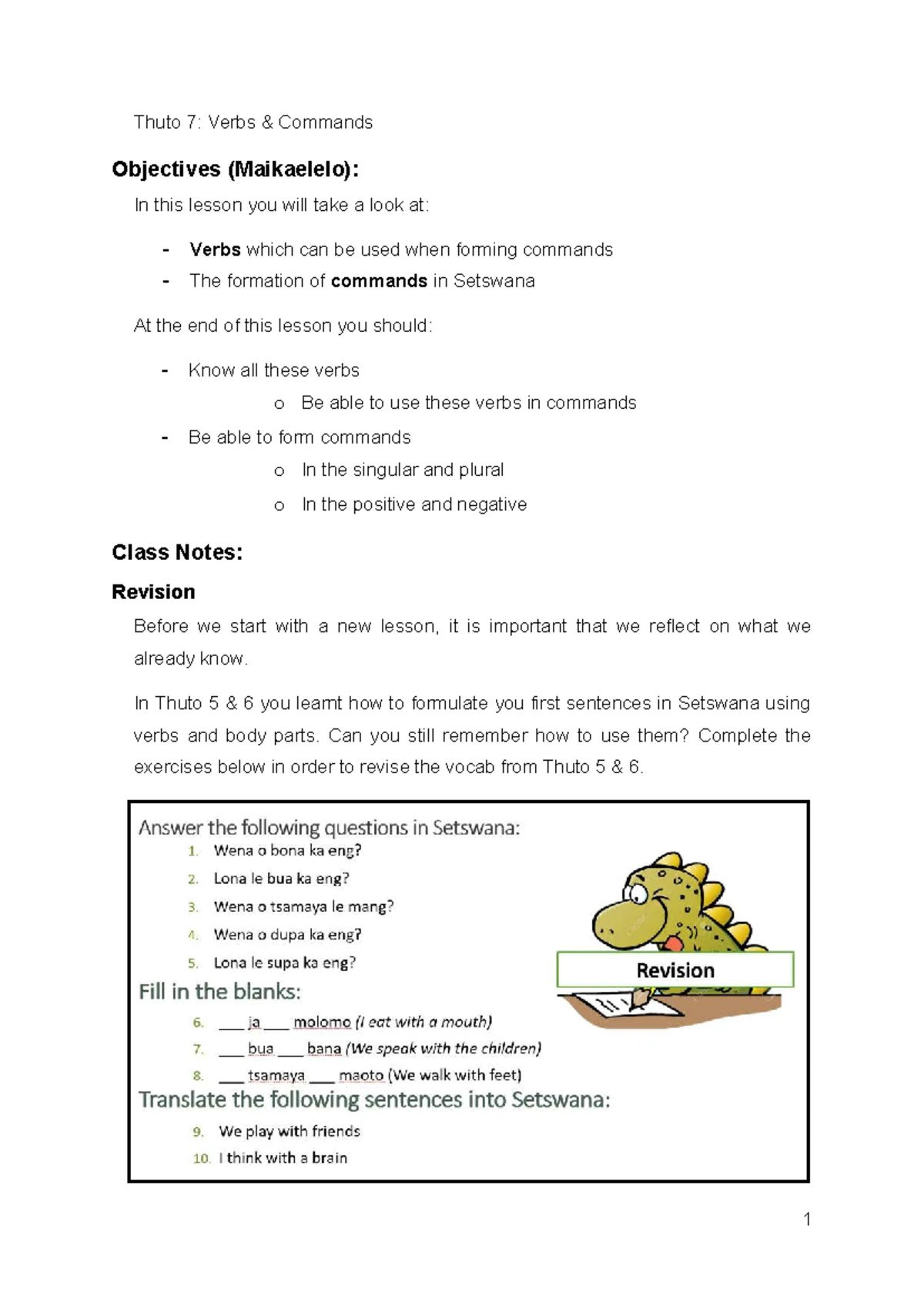 Thuto 6: Body Parts & Noun Classes - Lesson Objectives & Practice - Studocu