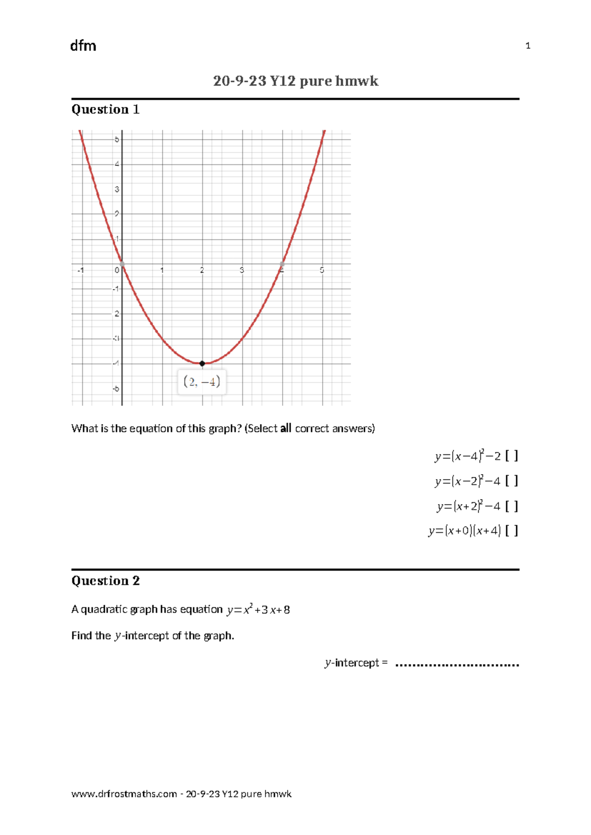 Y12 Math Homework - Quadratic Functions and Graphing (20-9-23) - Studocu
