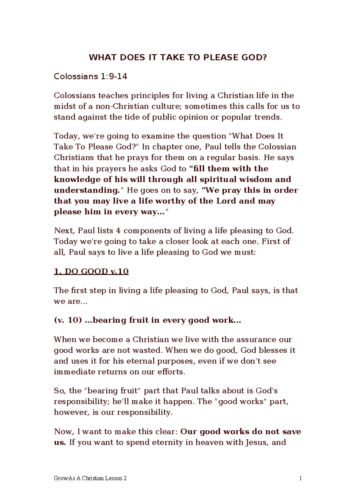 Col 1:9-14 - Principles for Pleasing God in Christian Life - Studocu