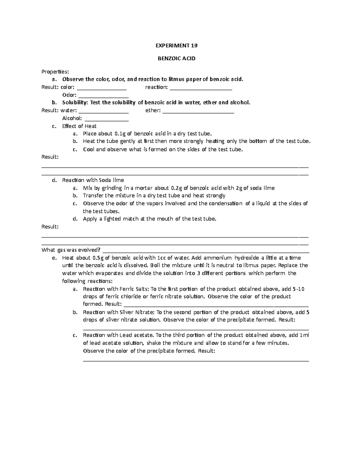 Experiment-19 - Chemistry - EXPERIMENT 19 BENZOIC ACID Properties: a ...