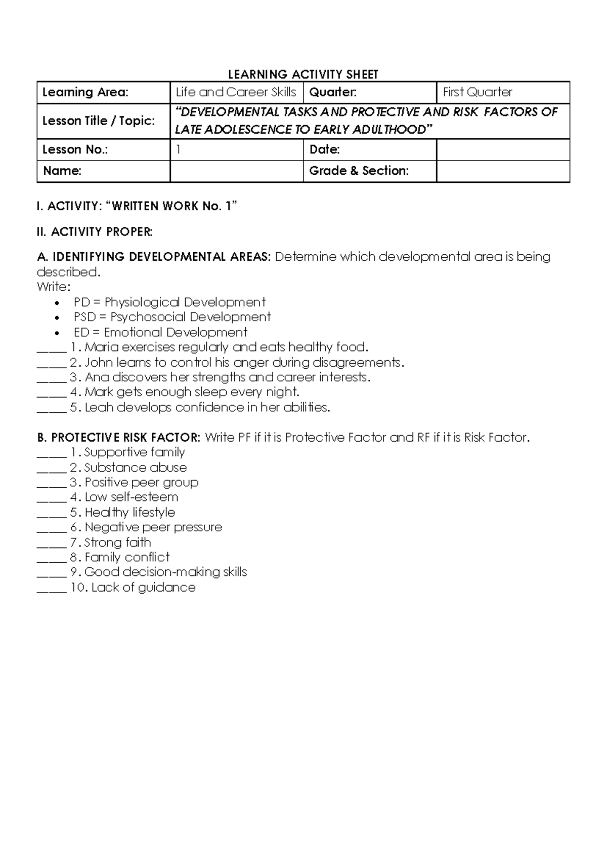 SHS LCS Q1 LAS2 LE1 - Life and Career Skills Activity Sheet - Studocu