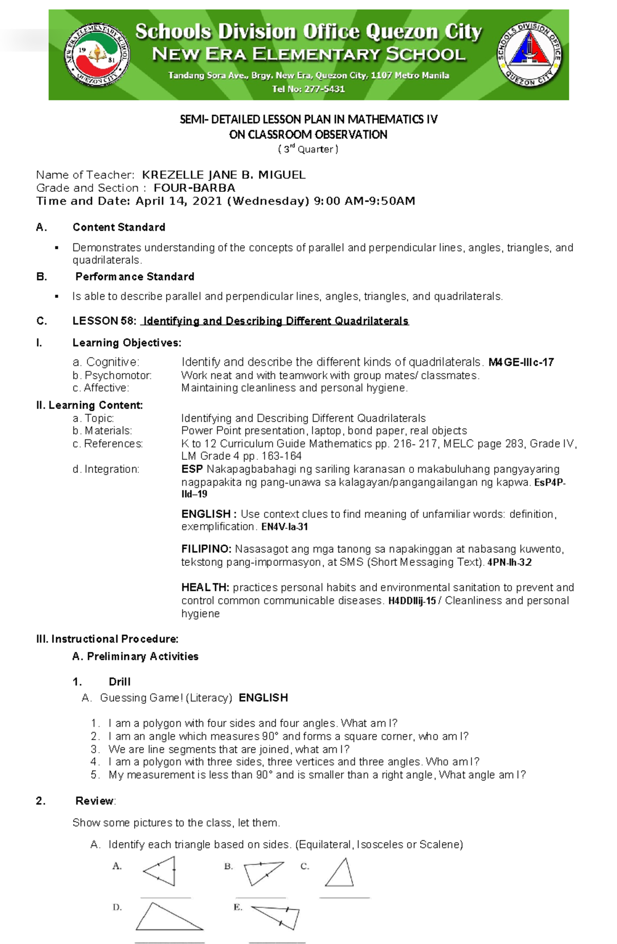 Mathematics IV DLP: Classroom Observation on Quadrilaterals (Q3) - Studocu