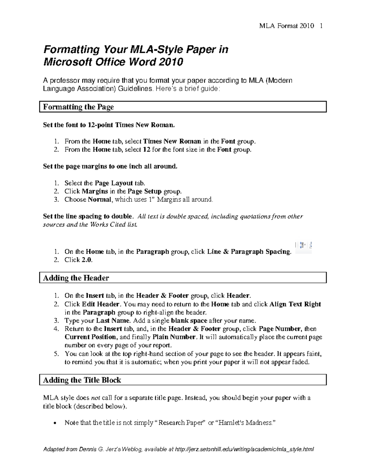 MLA Format 2010 Guide: Paper Formatting in Microsoft Word - Studocu