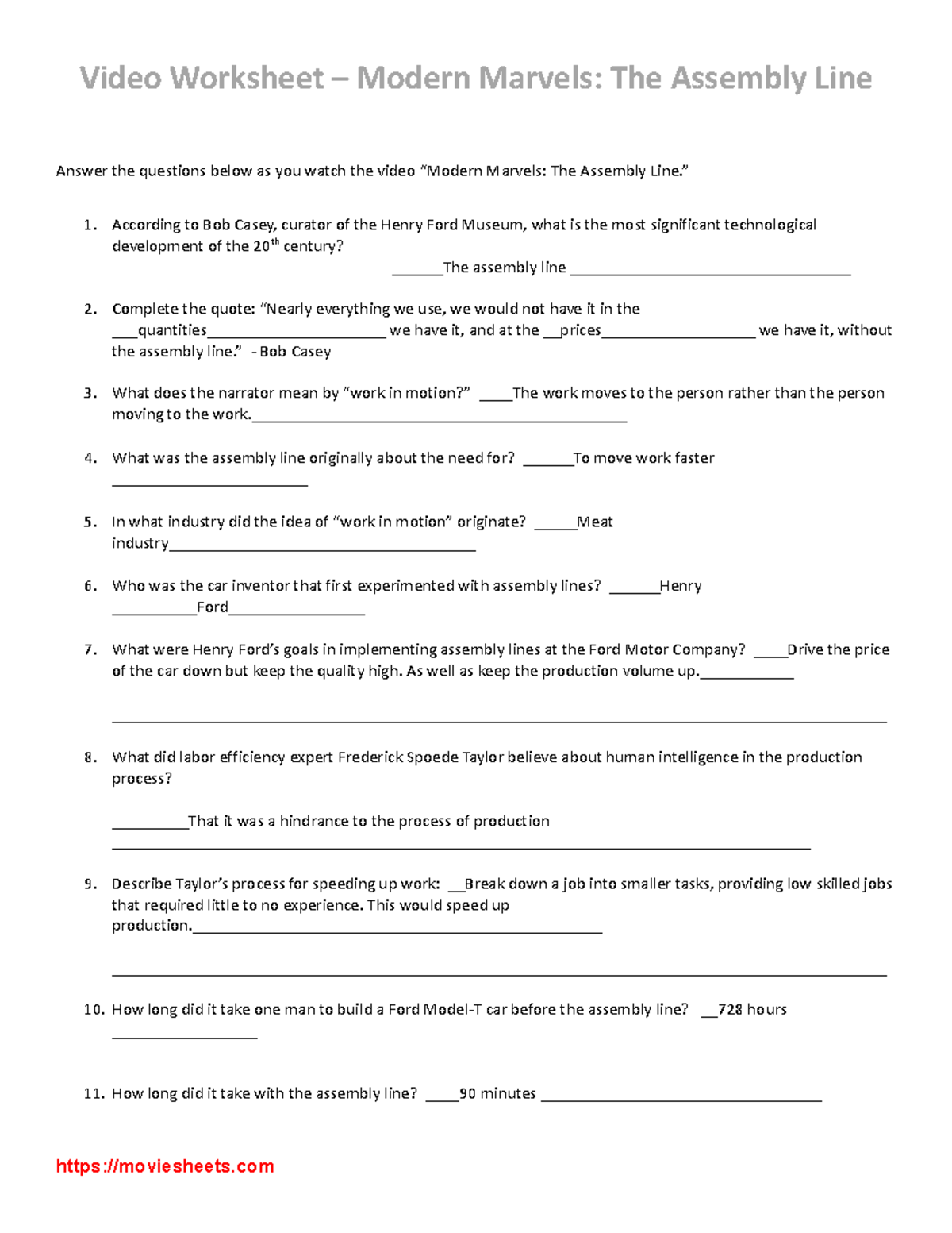 Modern Marvels (Video Worksheet) - The Assembly Line Insights - Studocu