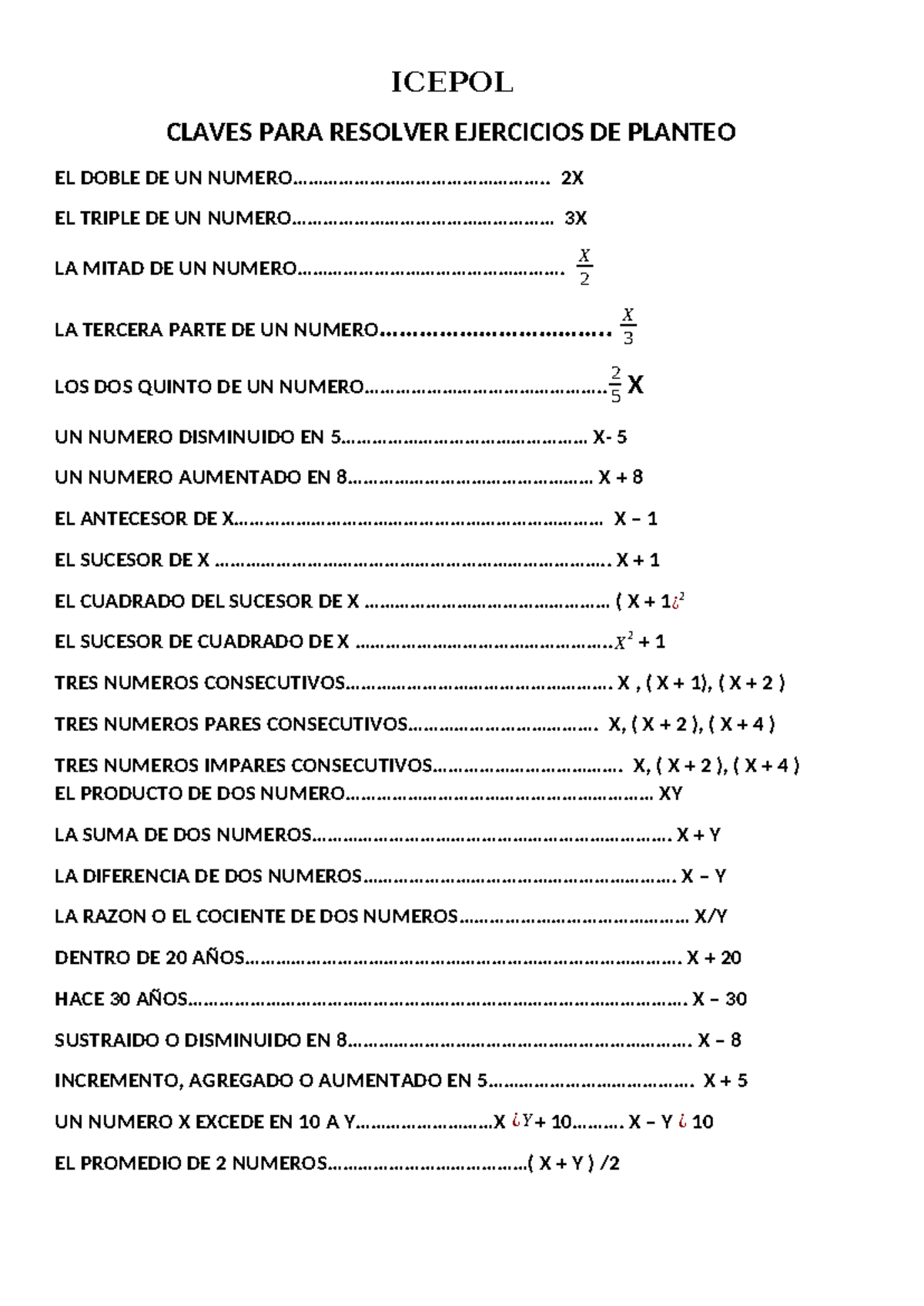 ICEPOL CLAVES PARA RESOLVER EJERCICIOS DE PLANTEO ALGEBRAICO - Studocu