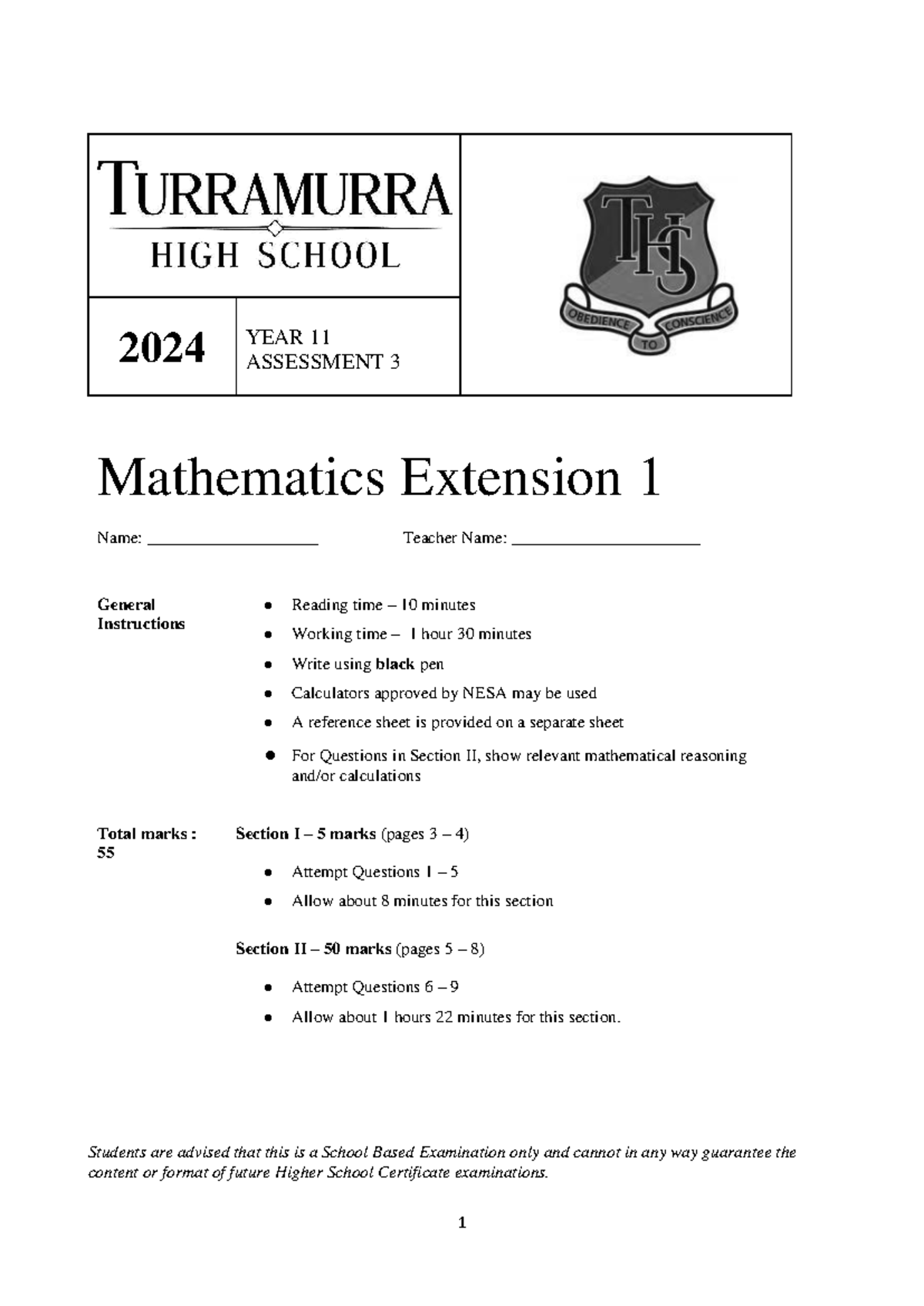 2024 Yr 11 Extension 1 Mathematics Assessment 3 Guide - Studocu