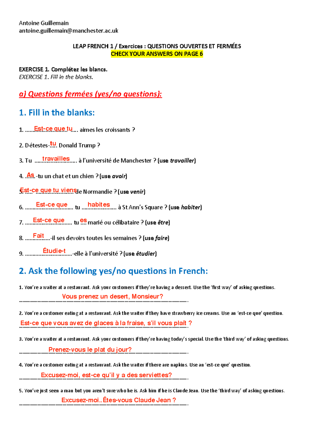 Exercices de Questions Ouvertes et Fermées - LEAP FRENCH 1 - Studocu