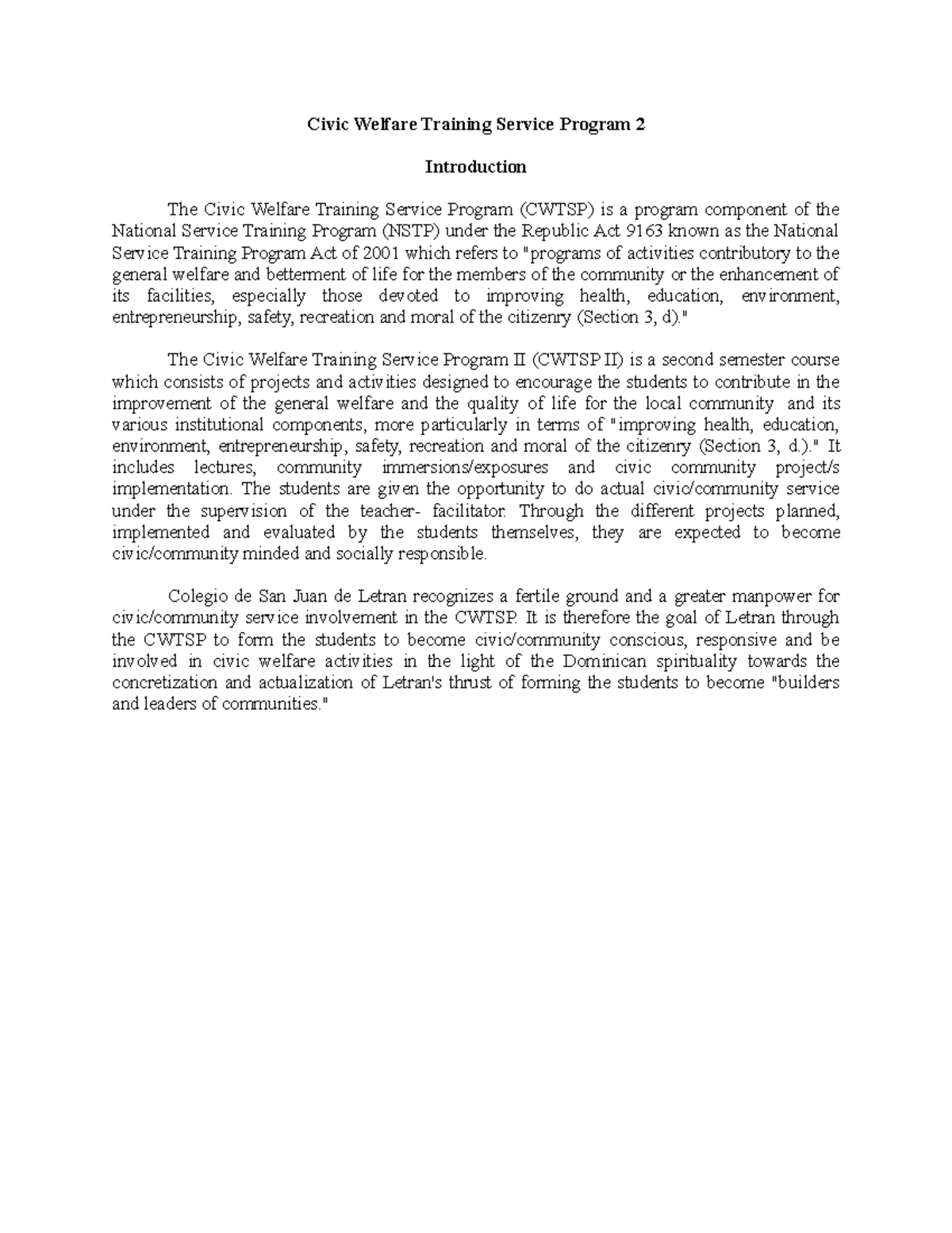 Civic Welfare Training Service Program II (CWTSP II) Overview for NSTP ...