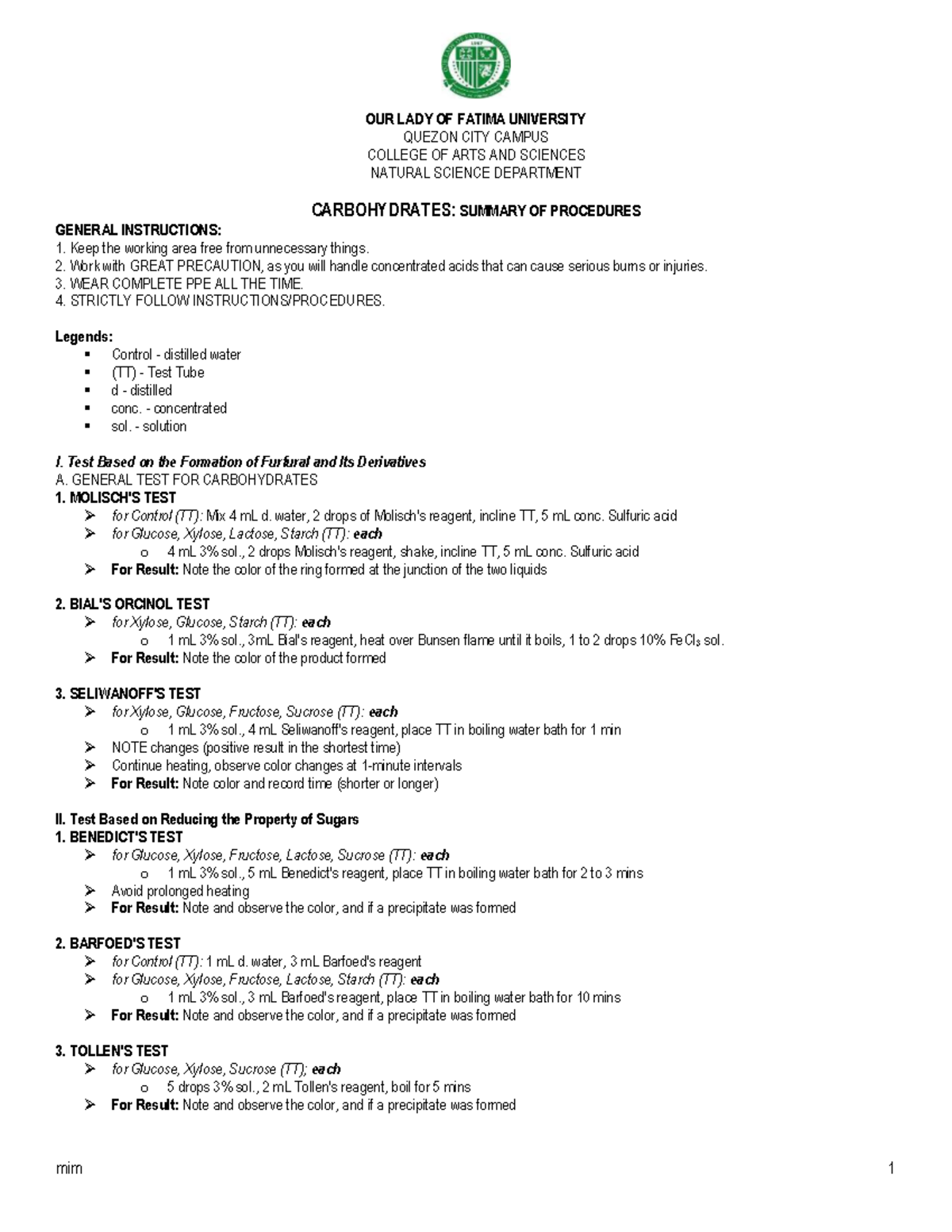 LAB Procedure for Carbohydrates: Summary of Tests and Instructions ...