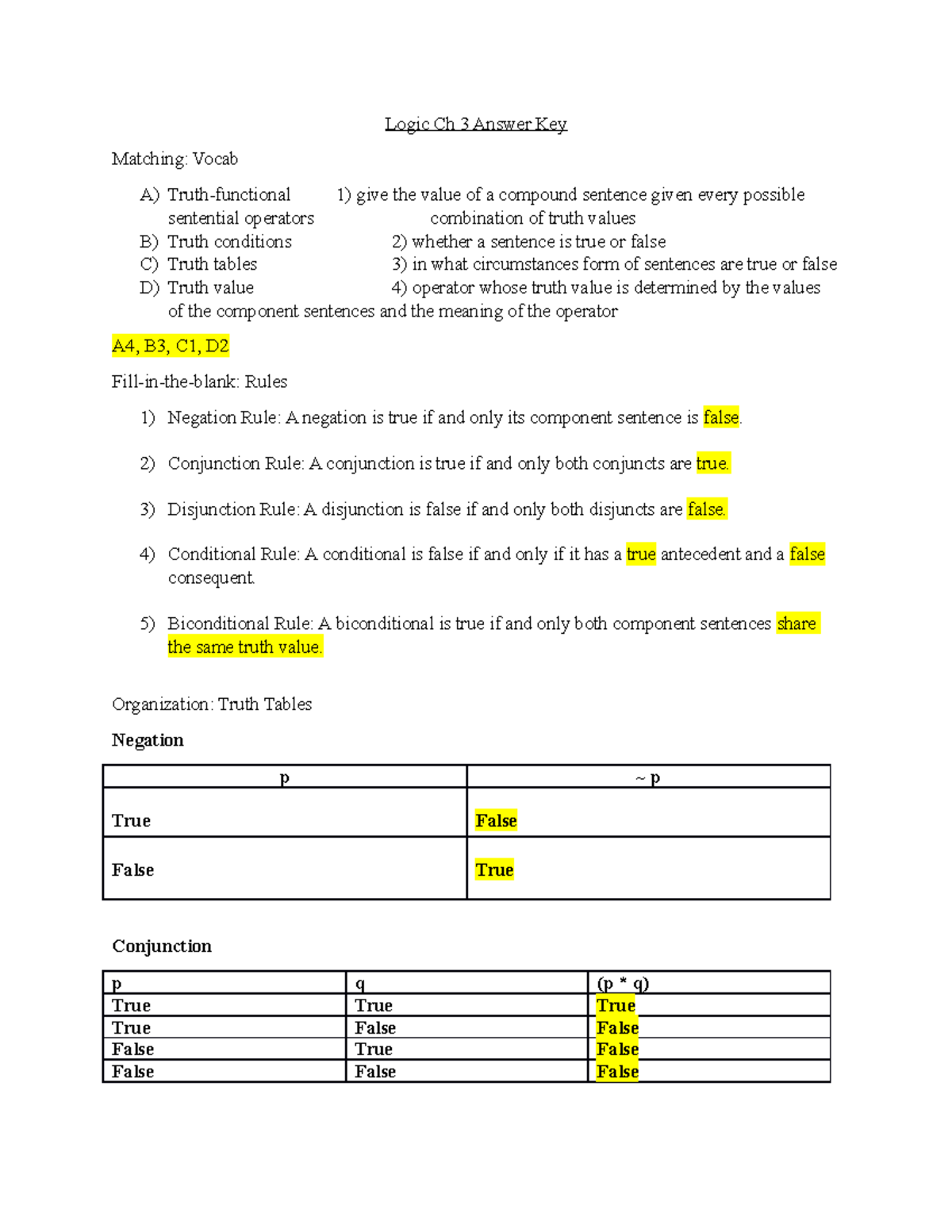 Logic Ch 3: Truth Tables and Rules Answer Key - Studocu