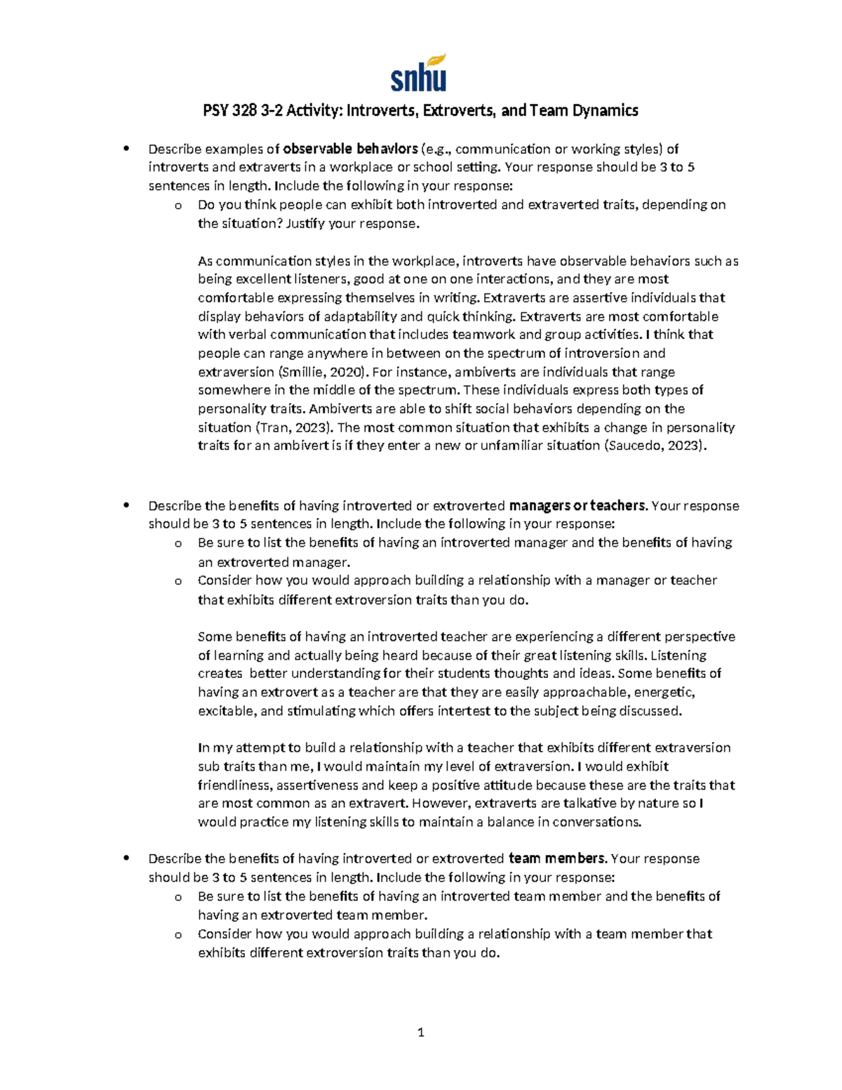 PSY 328 Team Dynamics: Understanding Introverts & Extroverts - Studocu