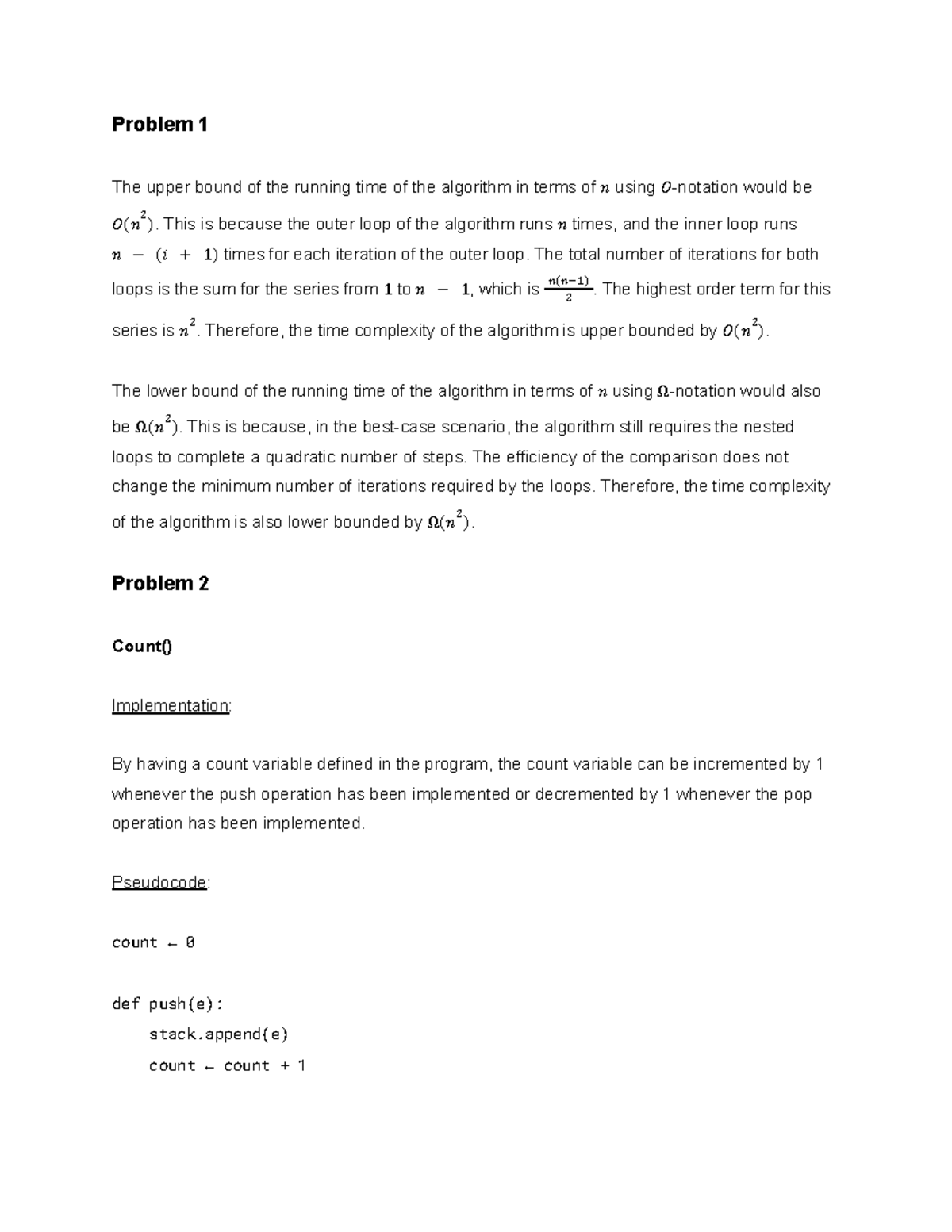 COMP2123 Assignment 1 Answers (Full Mark) - Problem 1 The upper bound of the running time of the ...