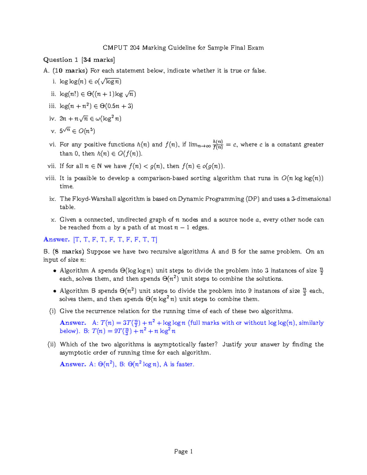 Cmput 204 sample final exam marking guidelines and solutions - Studocu