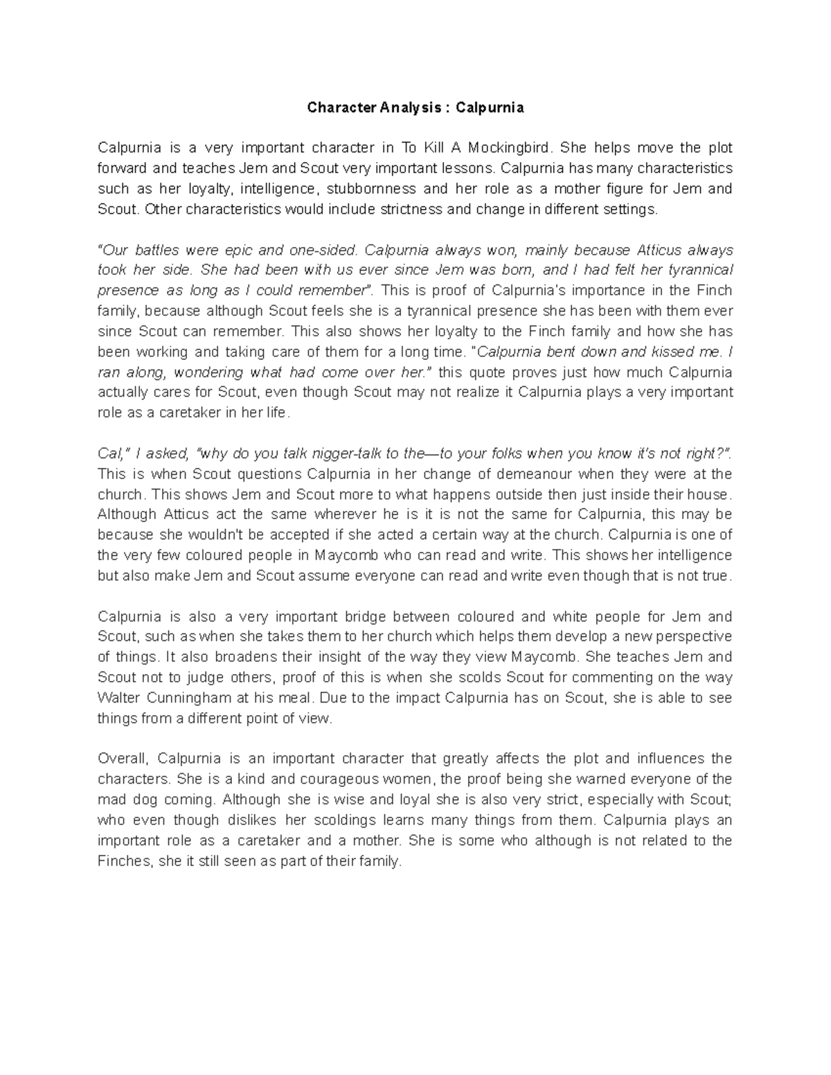 Grade 10 English TKAM Calpurina Character Analysis - Character Analysis ...