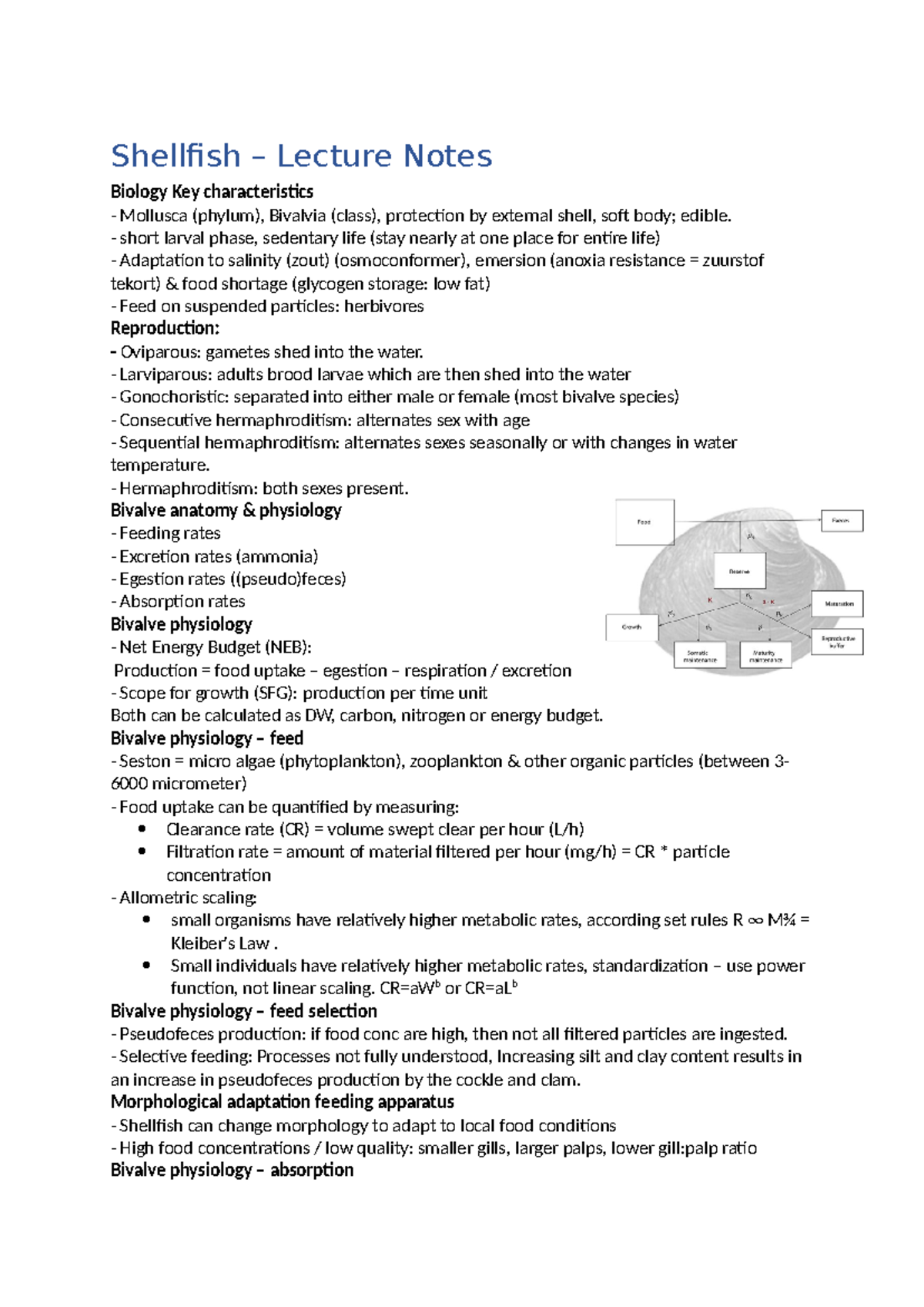 Lecture Notes on Shellfish Biology and Ecology - BIO 101 - Studeersnel