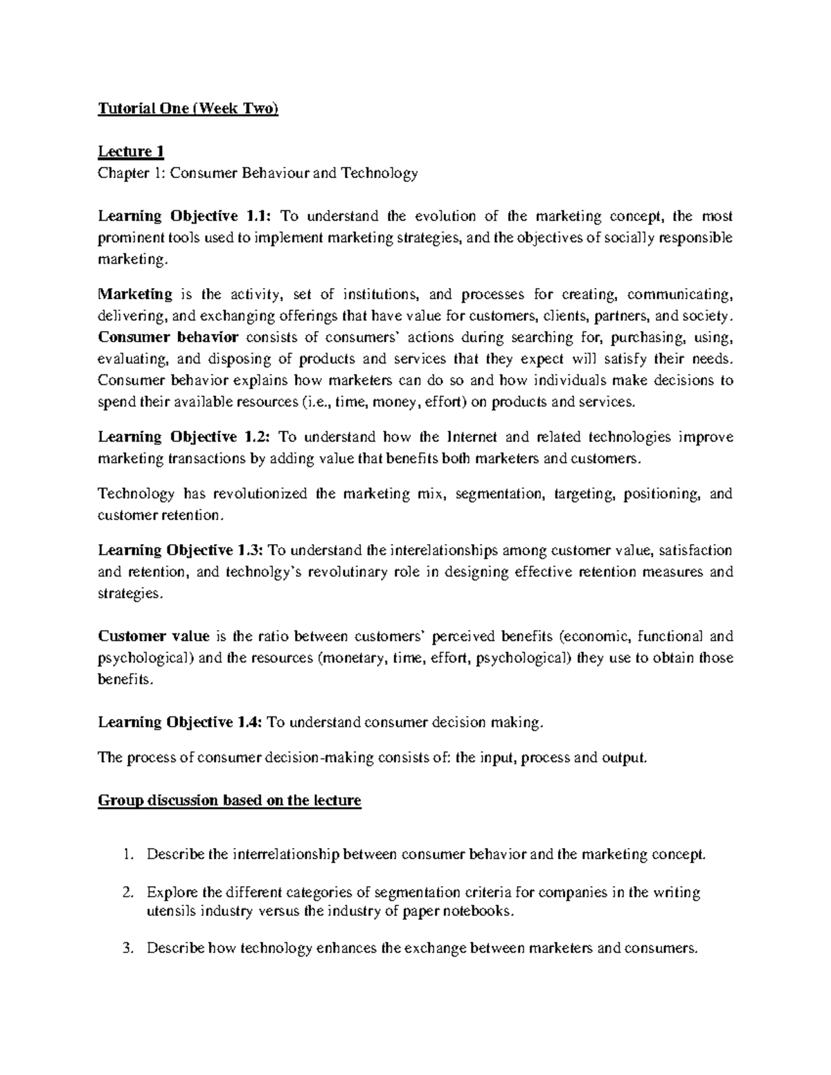 CB Tutorial 1: Consumer Behavior and Marketing Concepts Questions - Studocu
