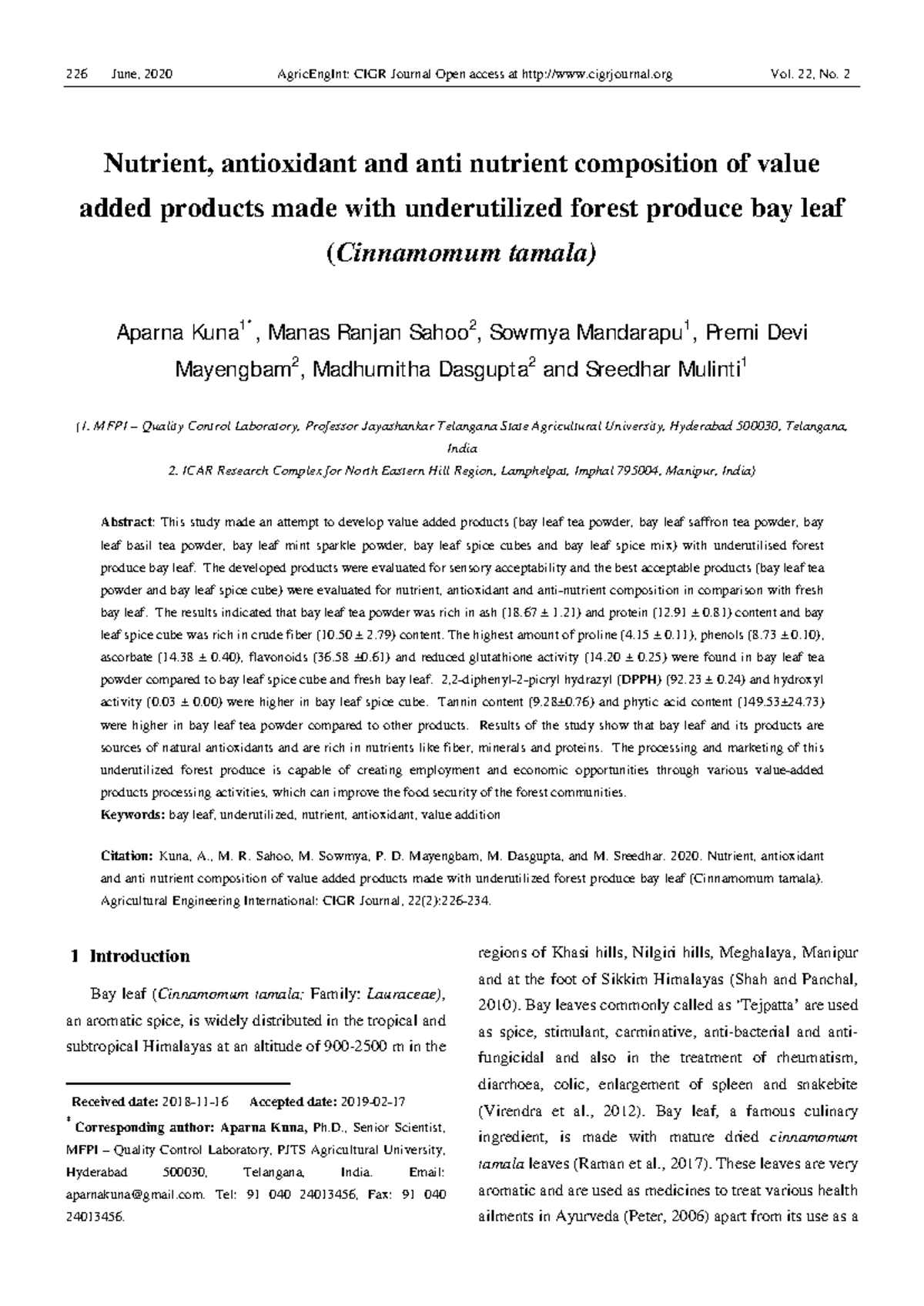 Nutrient and Antioxidant Composition of Bay Leaf Products (AgricEngInt ...