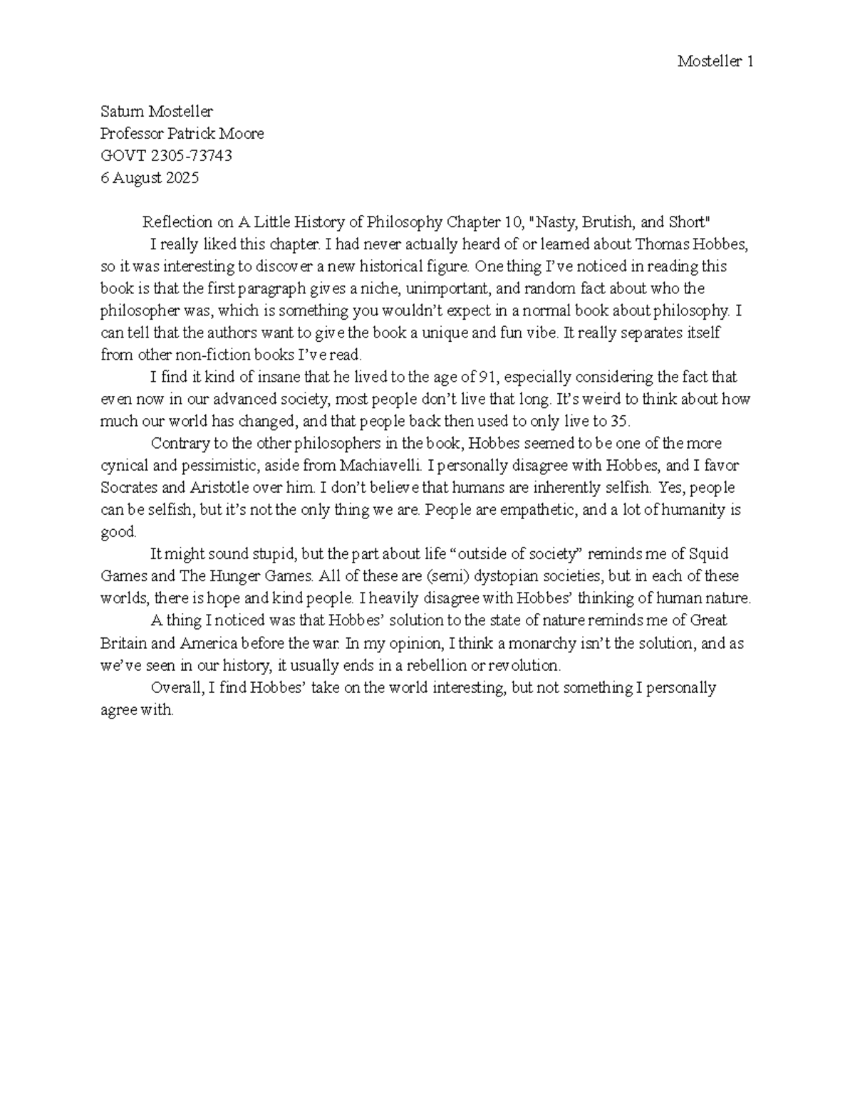 GOVT 6 Reflection on A Little History of Philosophy Ch. 10 - Studocu