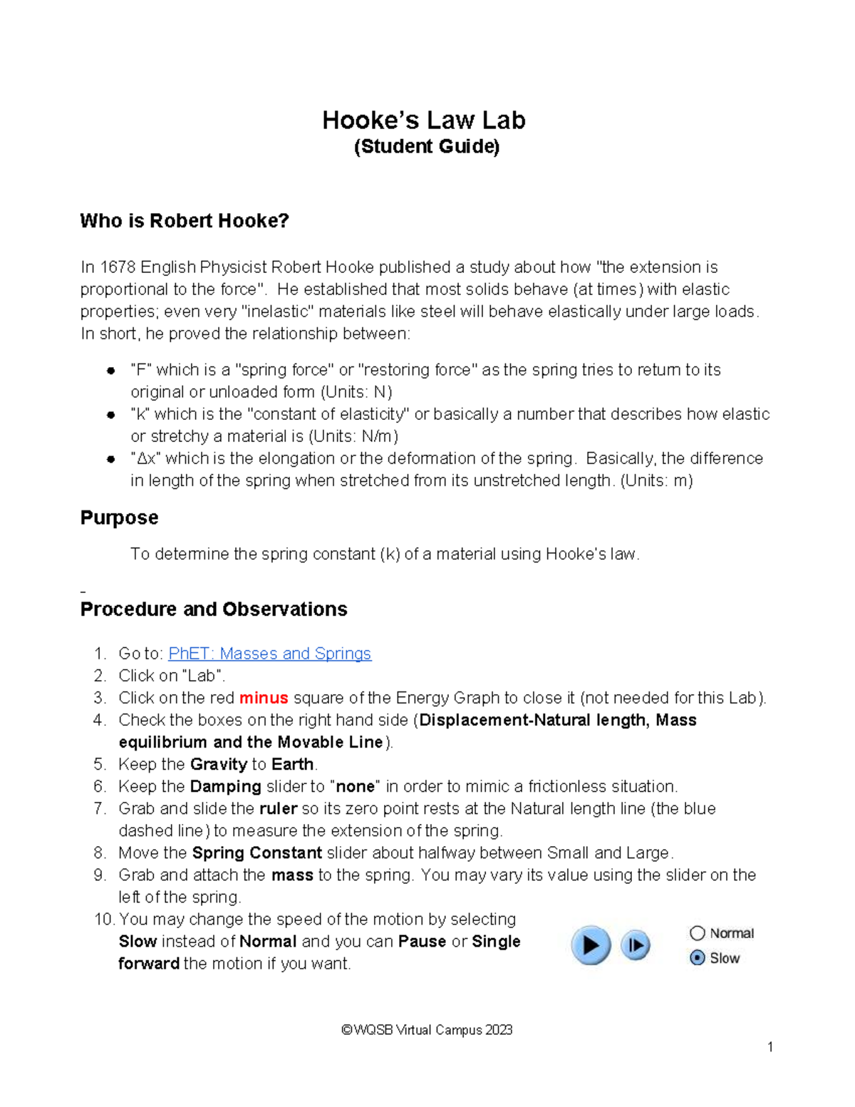 Hooke's Law Lab (WQSB 2023) - Student Guide and Procedures - Studocu
