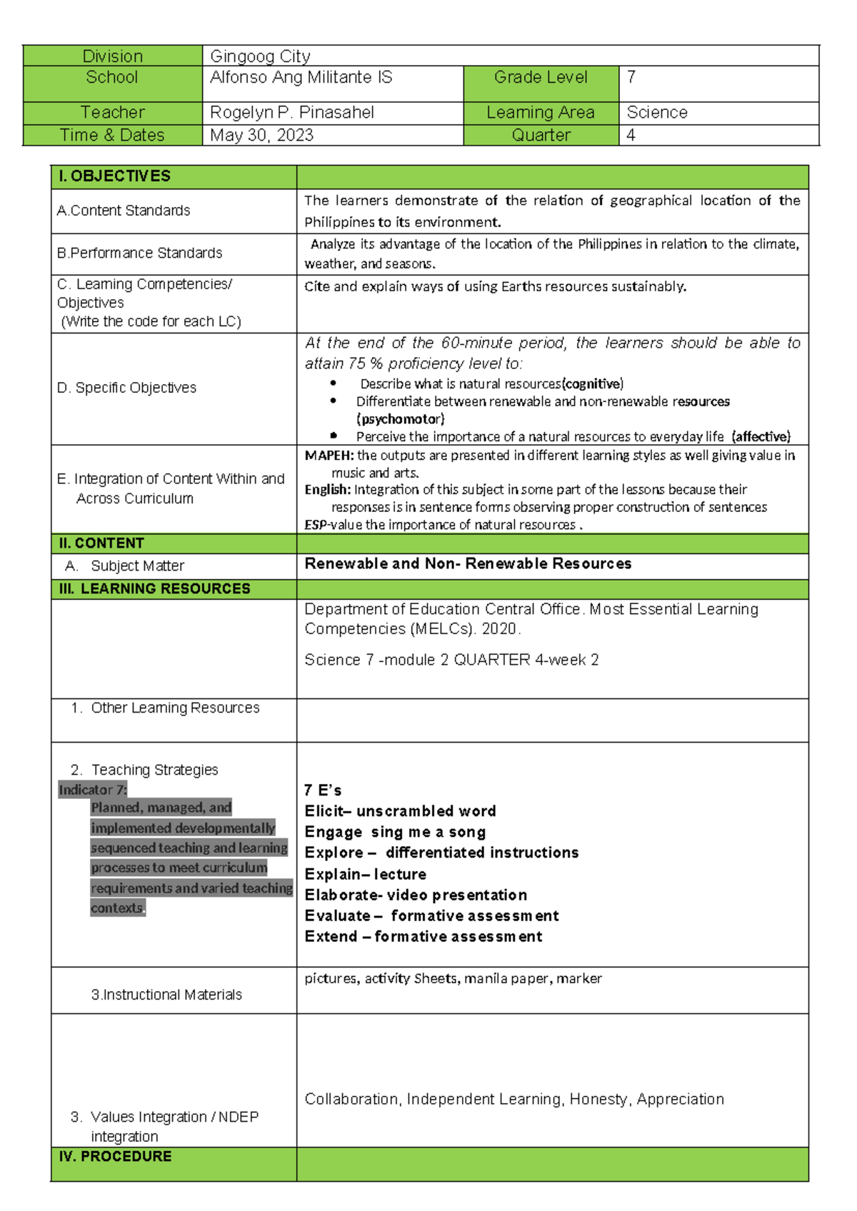 Renewable and Non-Renewable Resources Lesson Plan (Grade 7, Q2) - Studocu