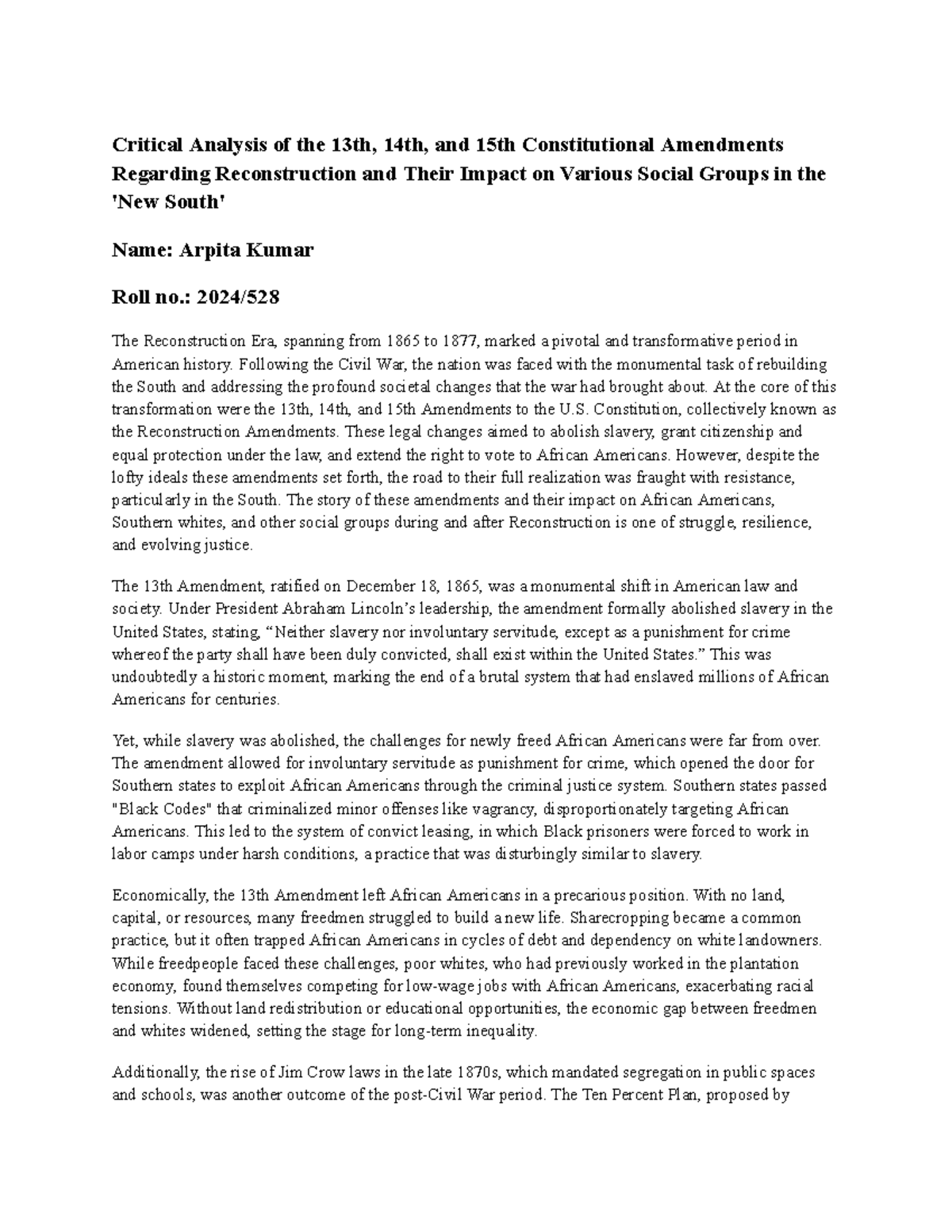 Critical Analysis of the 13th, 14th, and 15th Amendments (USA 2) - Studocu