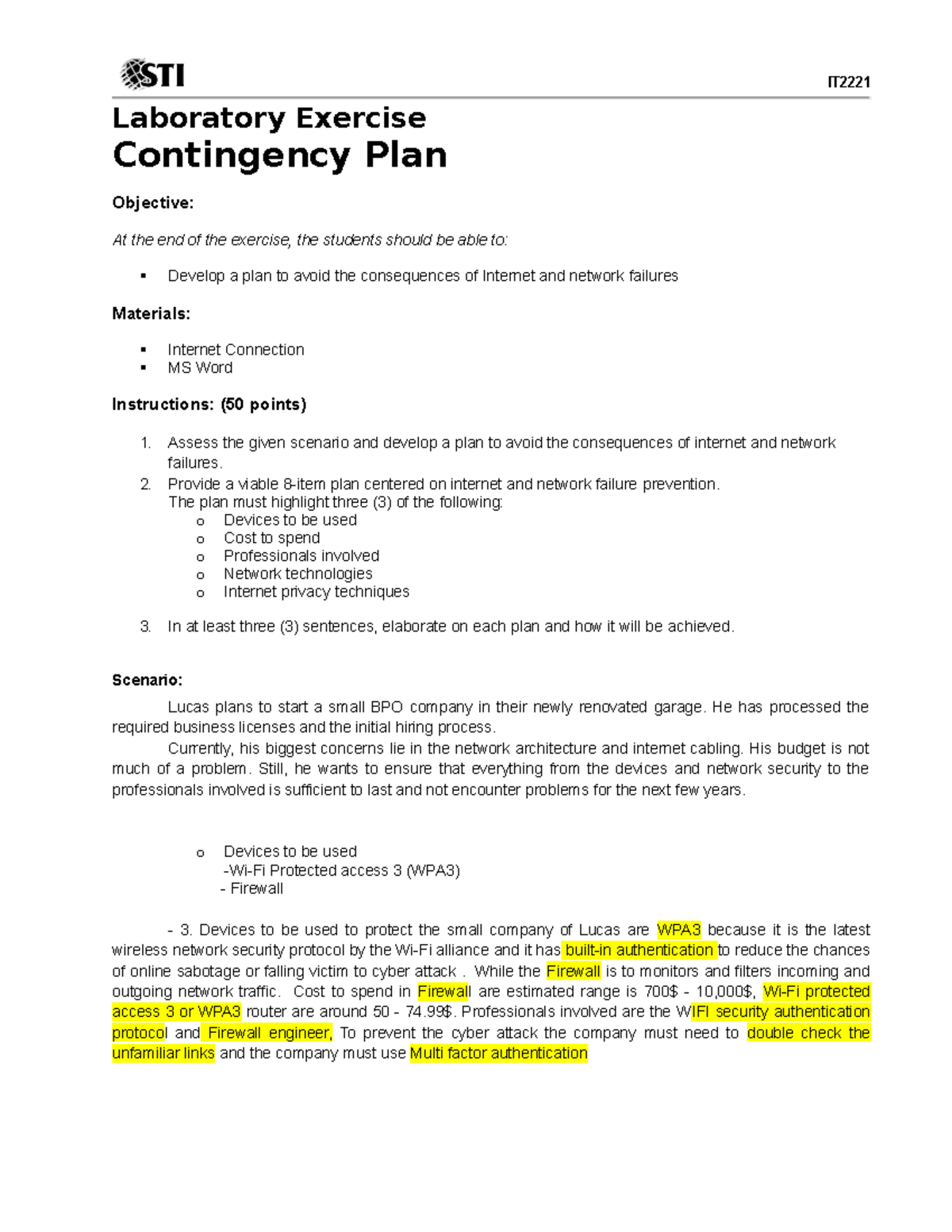06 Lab Exercise 1(3) ITC: Internet & Network Failure Prevention Plan ...