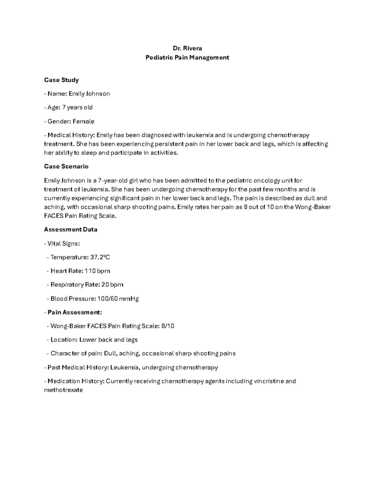 Case Study Pain Management - Dr. Rivera Pediatric Pain Management Case ...