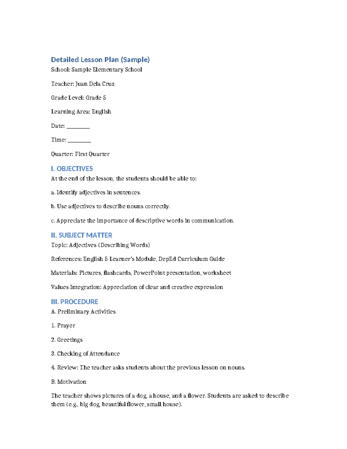 Sample Detailed Lesson Plan for English 5: Adjectives - Studocu