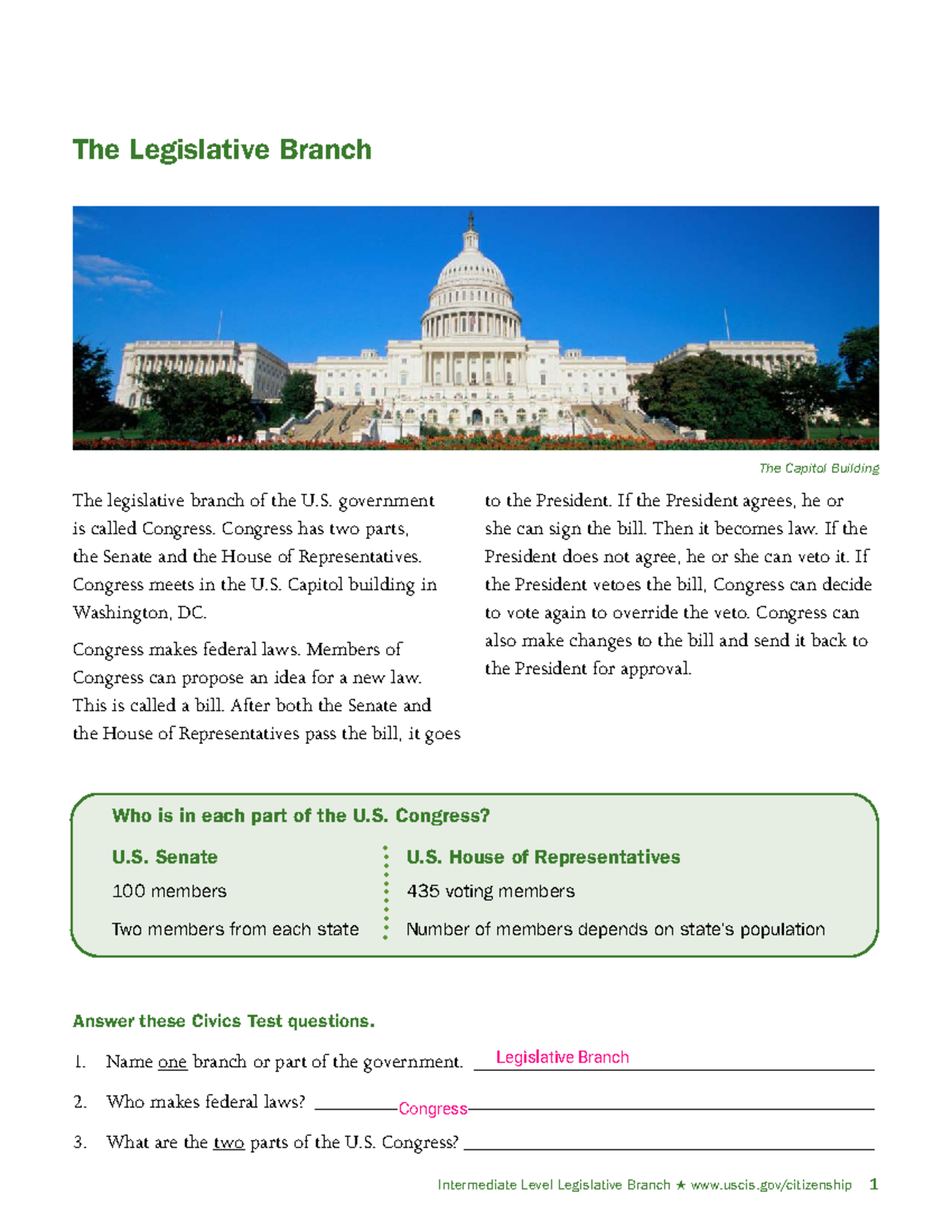 Intermediate Level Legislative Branch Handouts: Congress Overview - Studocu