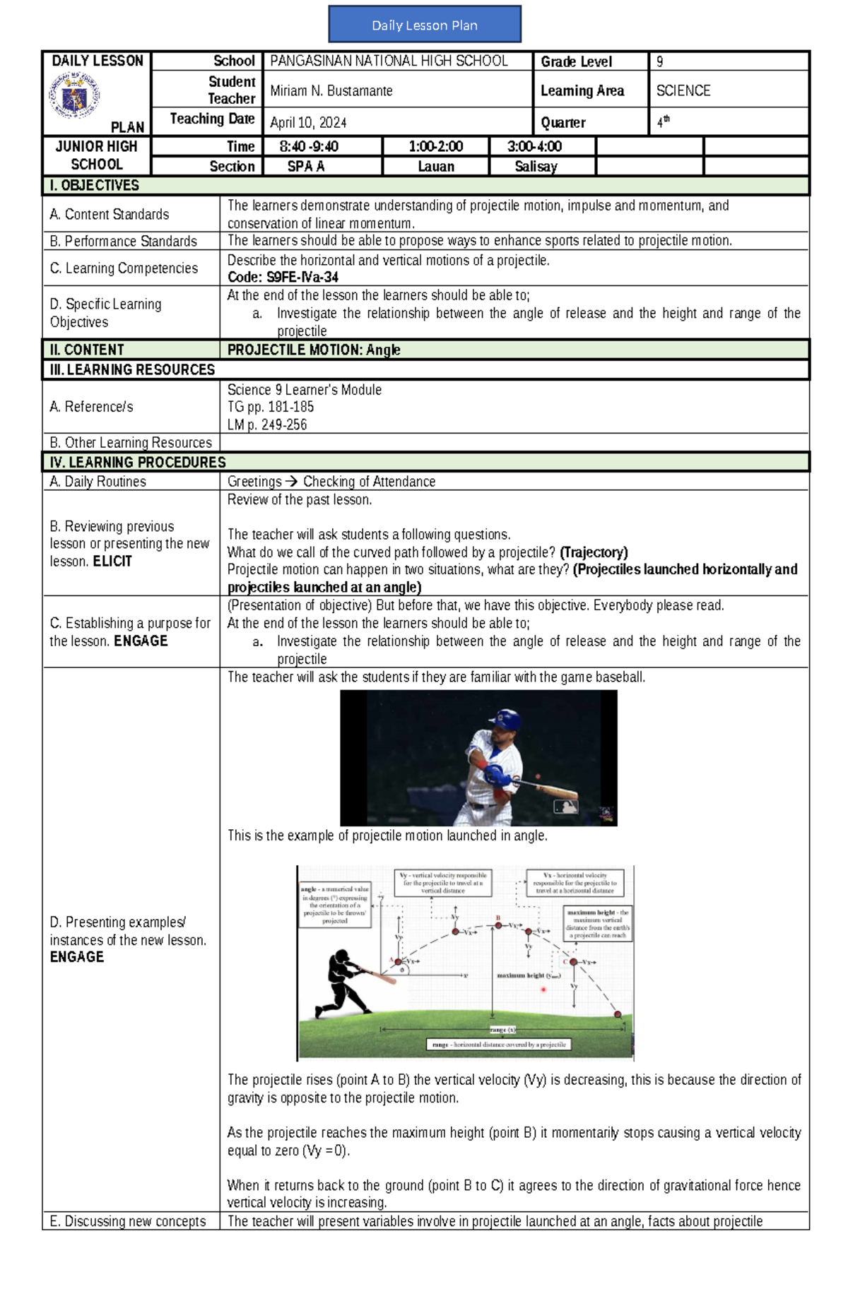 Lesson Plan: Projectile Motion at an Angle - Grade 9 Science - Studocu