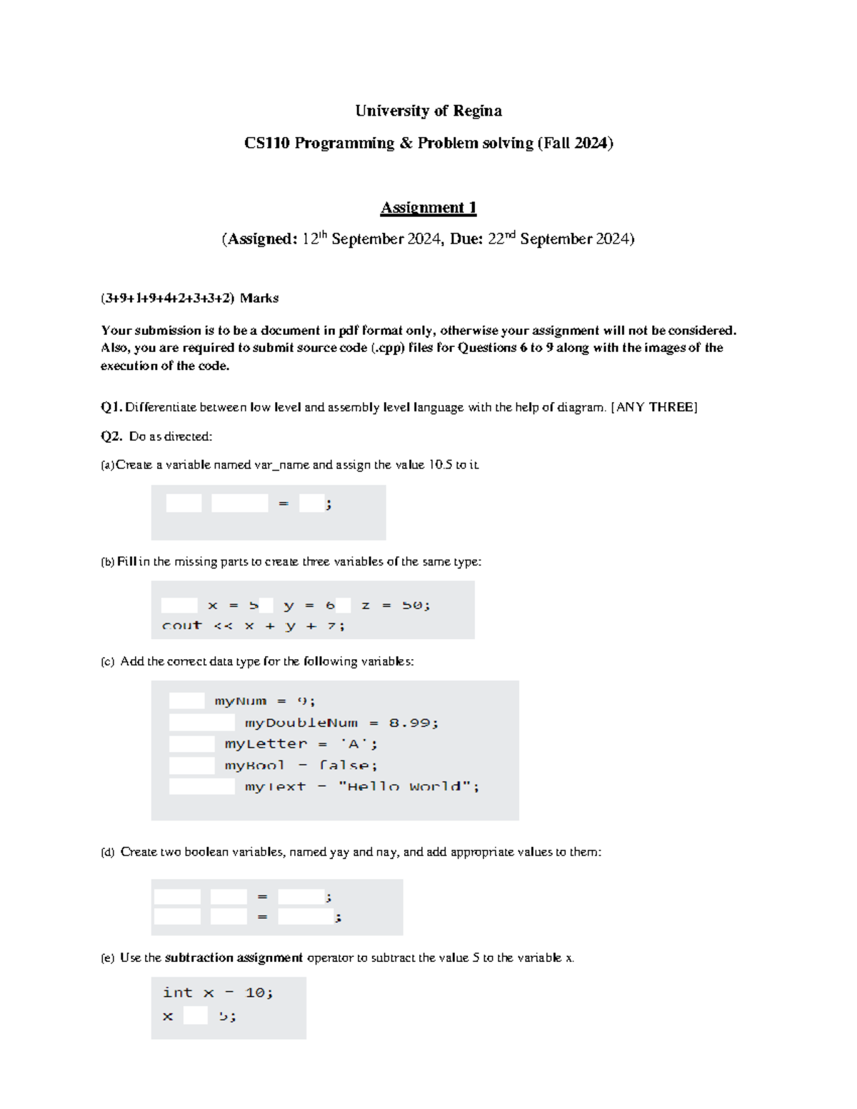 Assignment-1 (CS110) - First assignment - University of Regina CS110 ...
