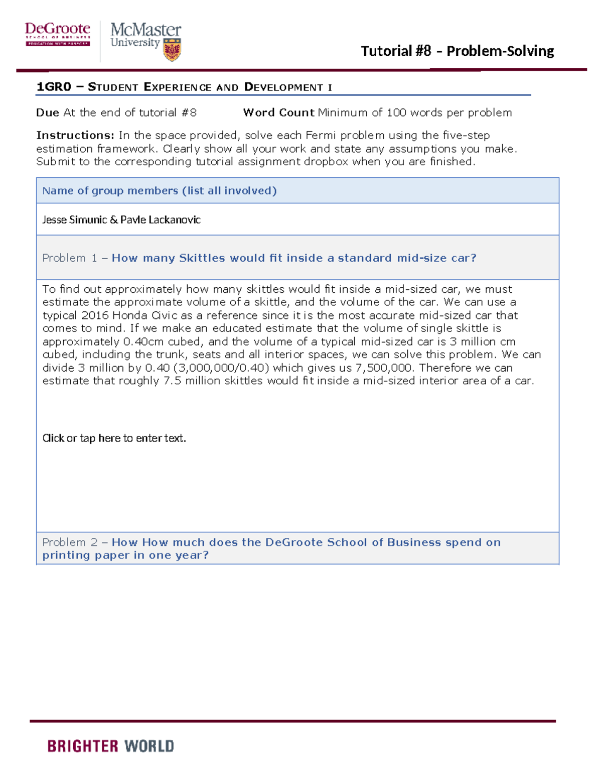 1GR0 Tutorial 1: Fermi Problems on Estimation Techniques - Studocu