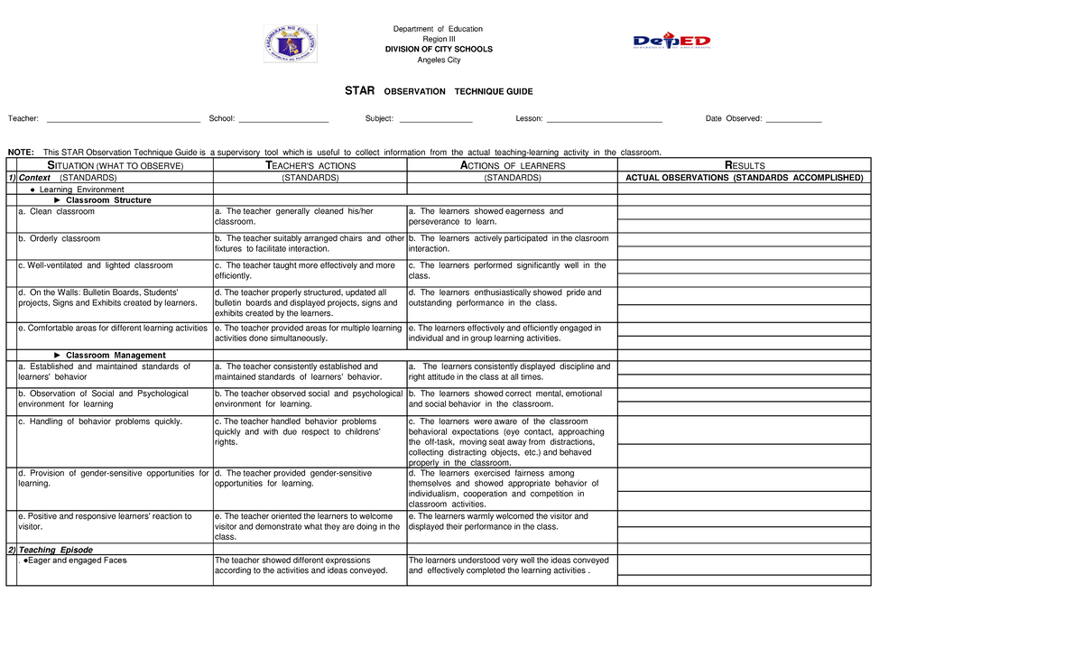 STAR Observation Technique Guide for Classroom Supervisors - Studocu