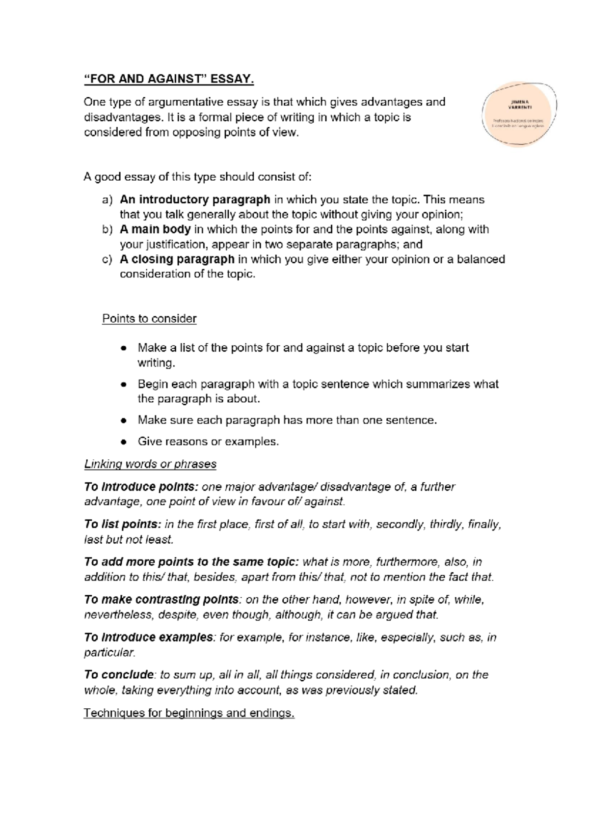 For and against - writing - AND ESSAY. One type of argumentative essay ...