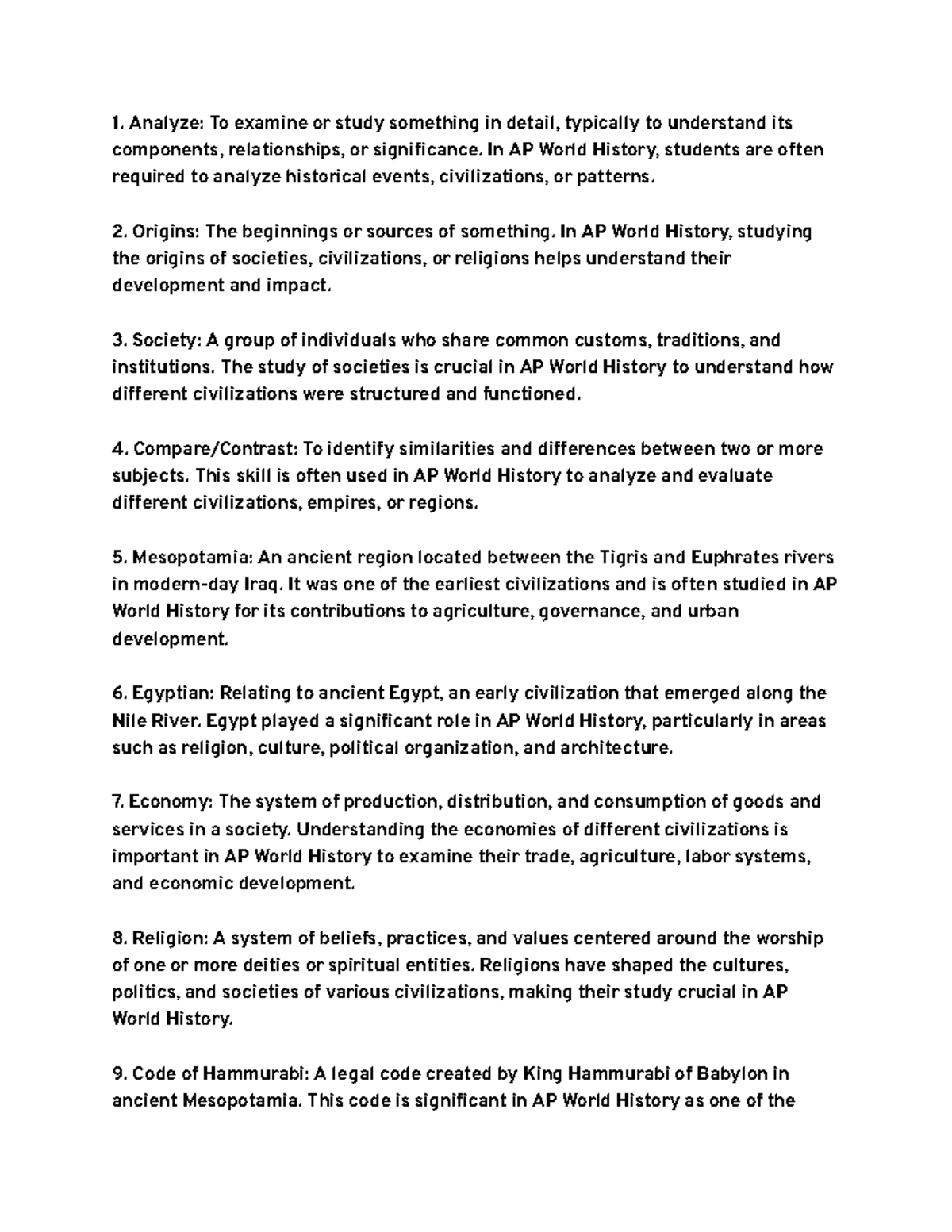 Comprehensive AP World History Vocabulary Guide - Studocu