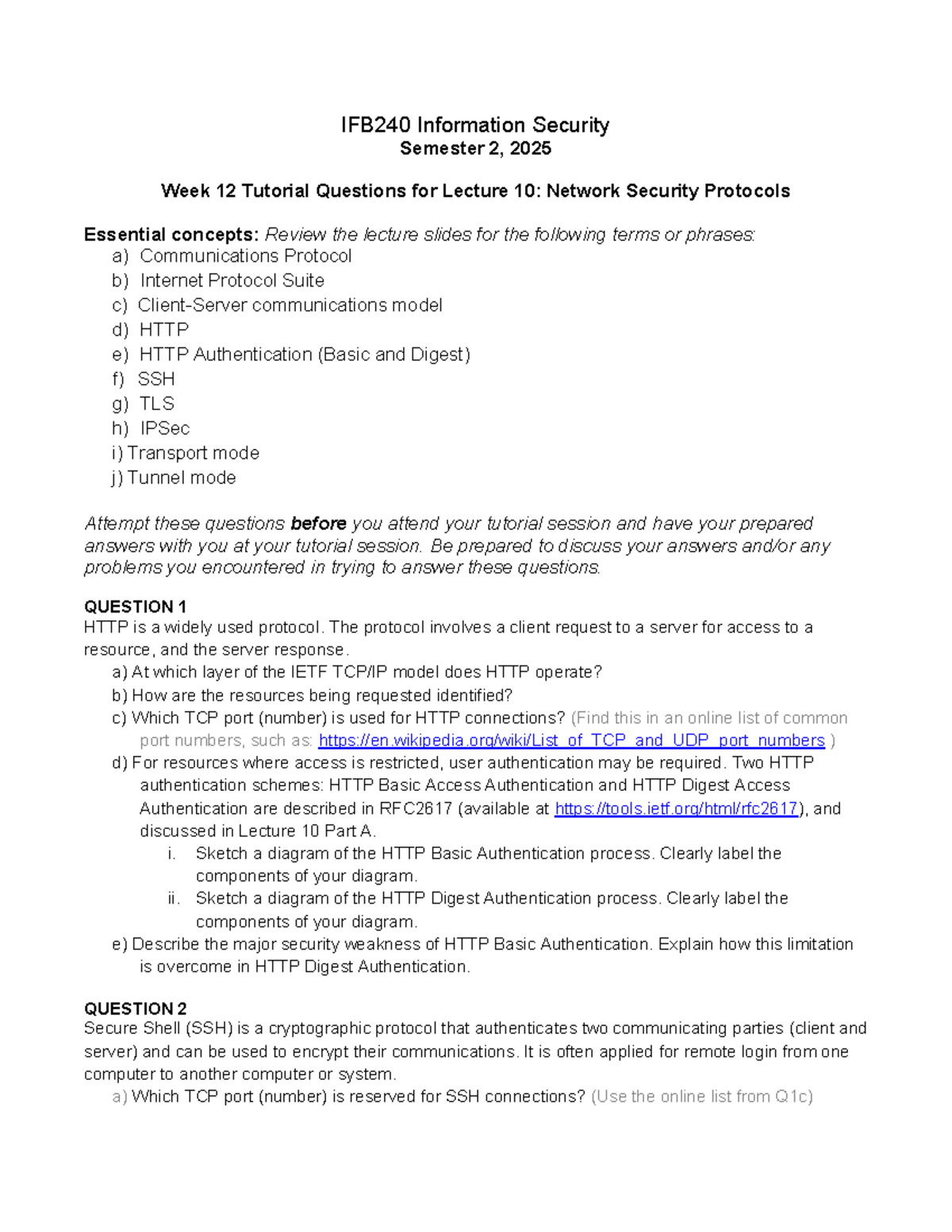 IFB240 2025 Week 12 Tutorial Questions: Network Security Protocols ...
