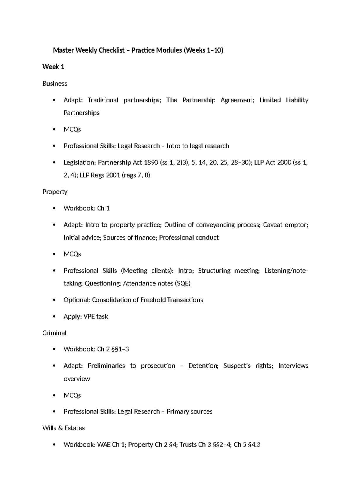 Master To-Do List for Business Law Modules (Weeks 1-9) - Studocu