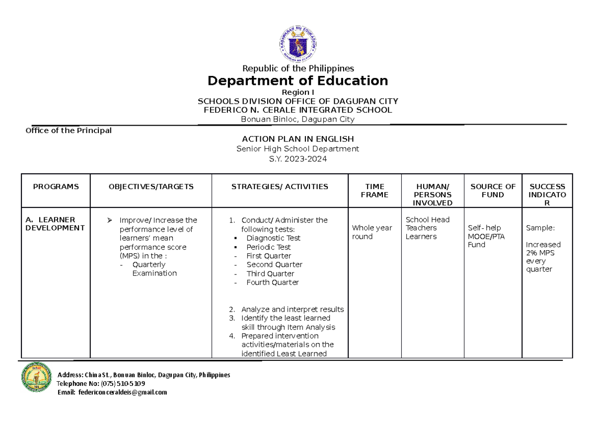 English Action PLAN - Department of Education Region I SCHOOLS DIVISION ...