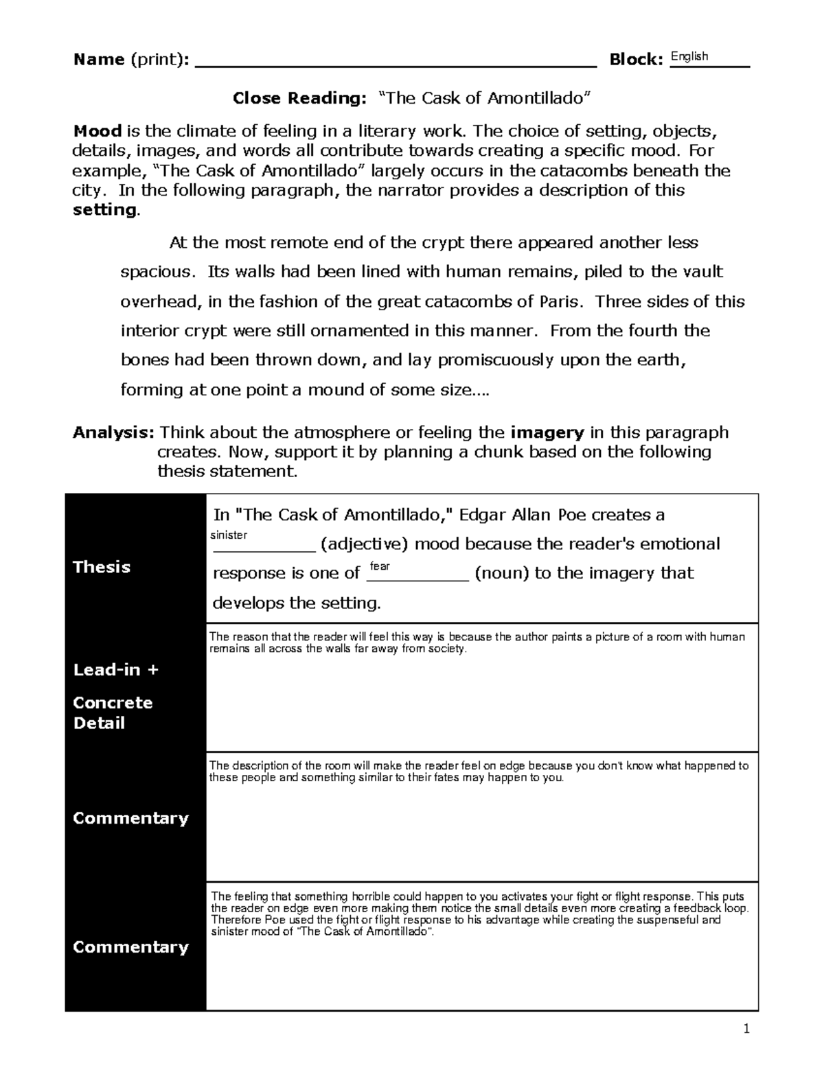 Close Reading Analysis of "The Cask of Amontillado" - English - Studocu
