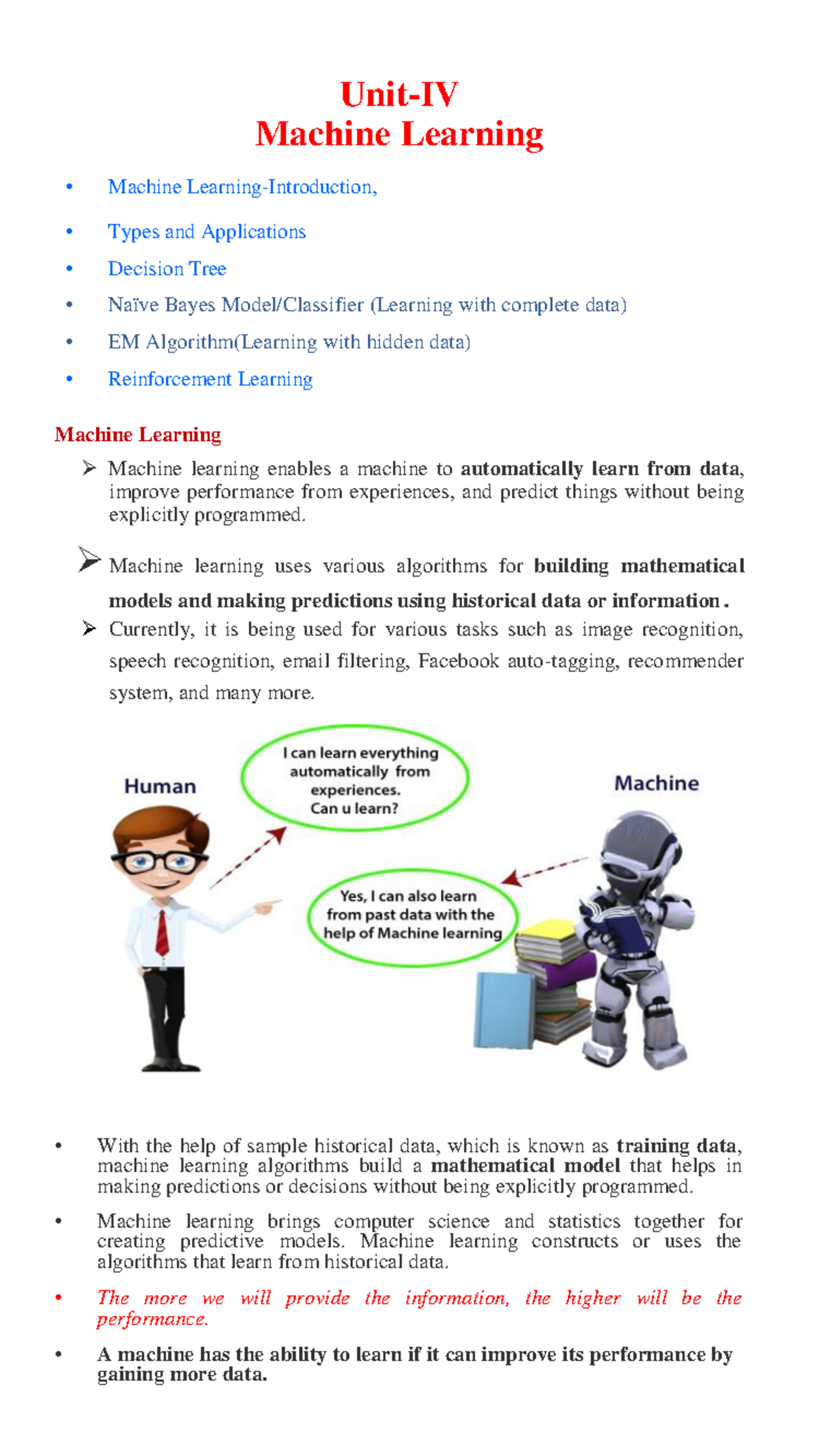 AI(4th Unit) - Ai notes - Unit-IV Machine Learning Machine Learning ...