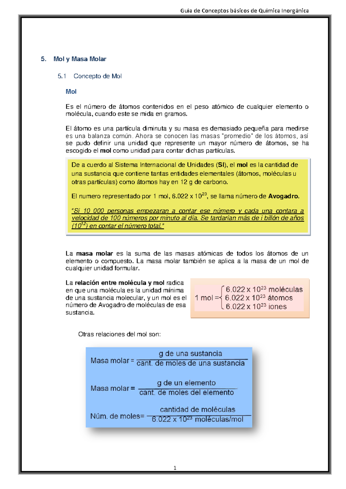 Guía de Conceptos Básicos de Química Inorgánica: Mol y Masa Molar - Studocu