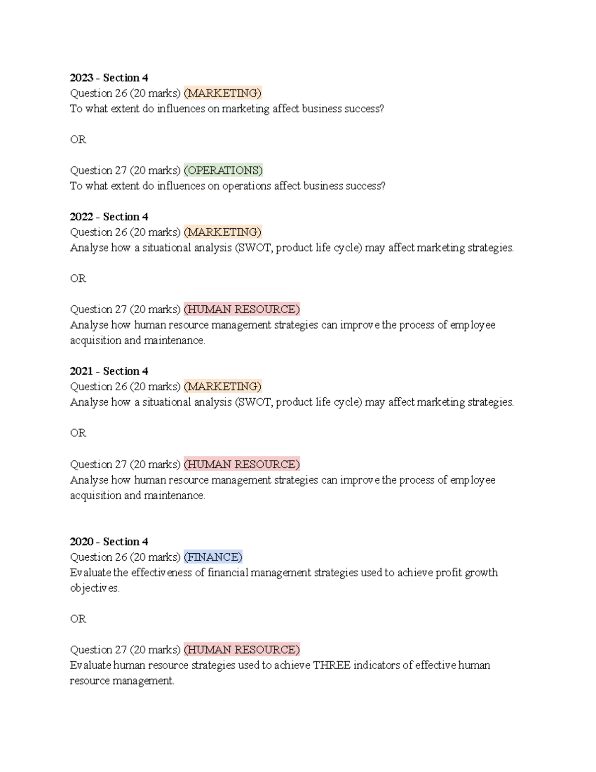 past questions for business report and extended response - 2023 ...