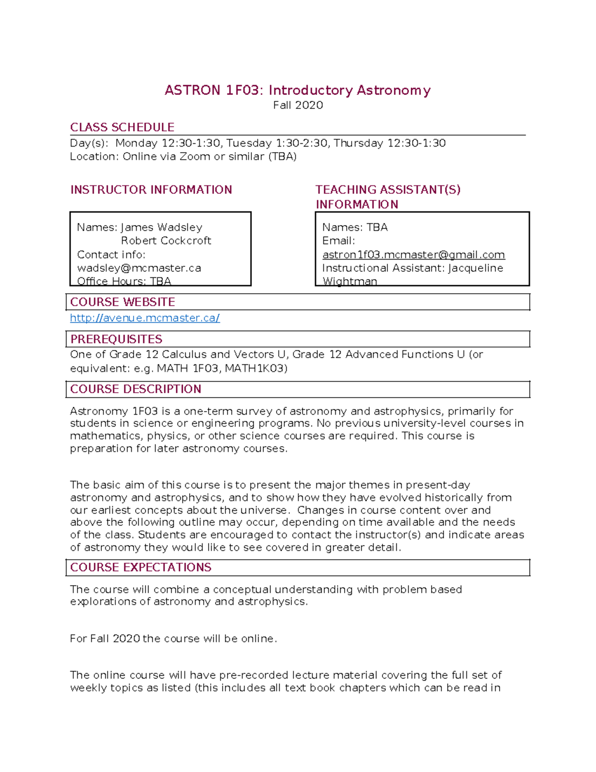Astron 1F03 Course Outline - Fall 2020: Introductory Astronomy Class ...