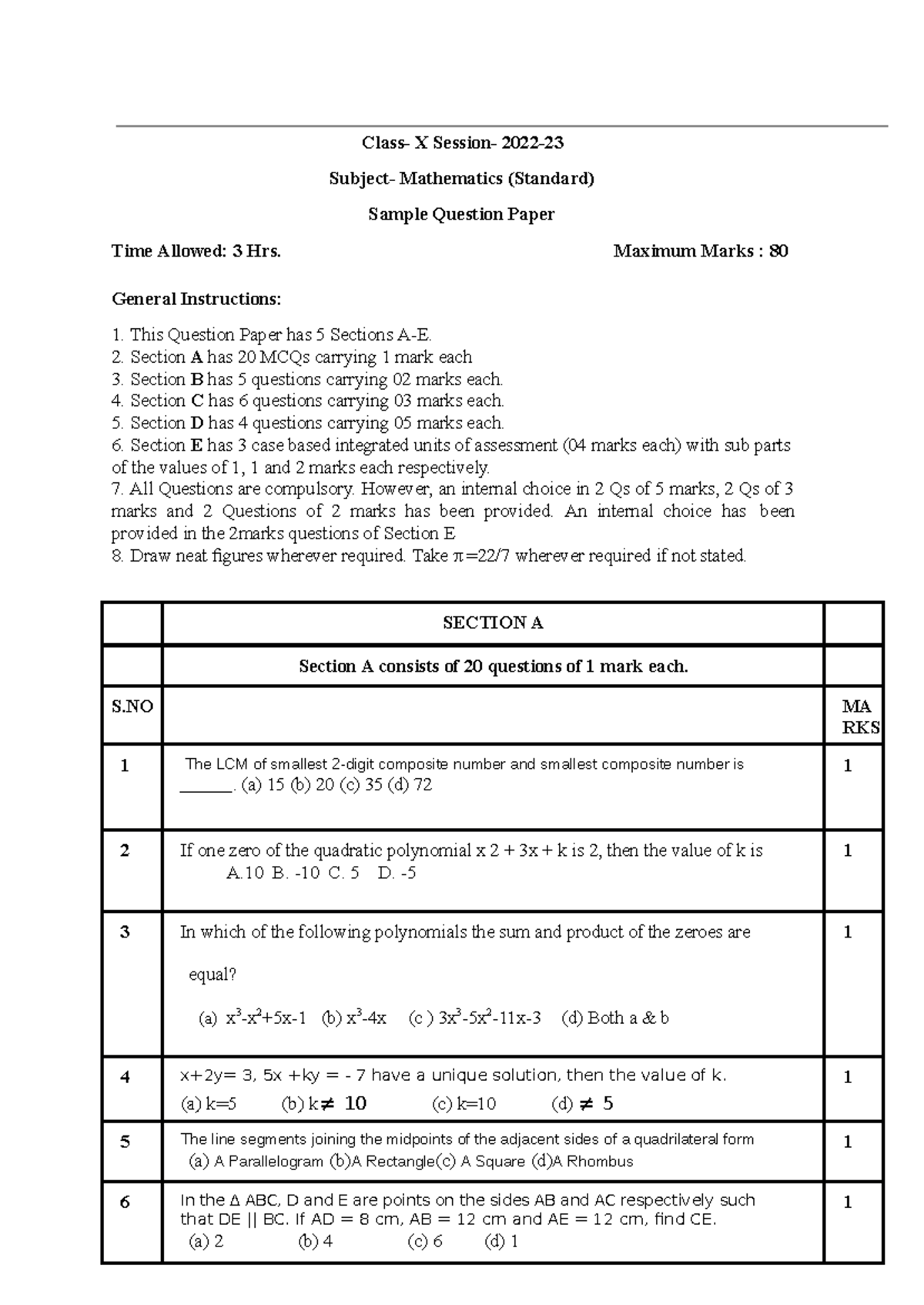 HW1Q - Study meterial - Class- X Session- 2022- Subject- Mathematics (Standard) Sample Question ...